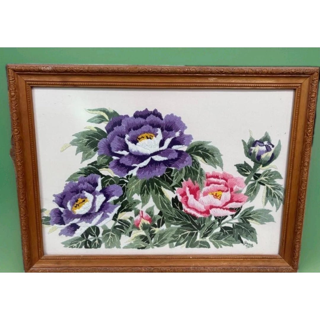 Vintage Bunka Japanese Raised Embroidery Pink Purple Roses Finished ...