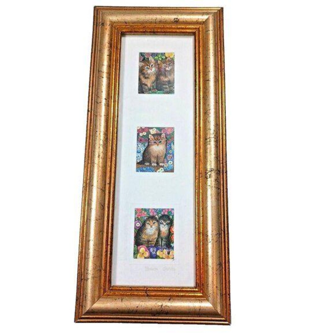 Sharon Jervis Cats Gold Framed Lithograph Made in England Signed Trio ...