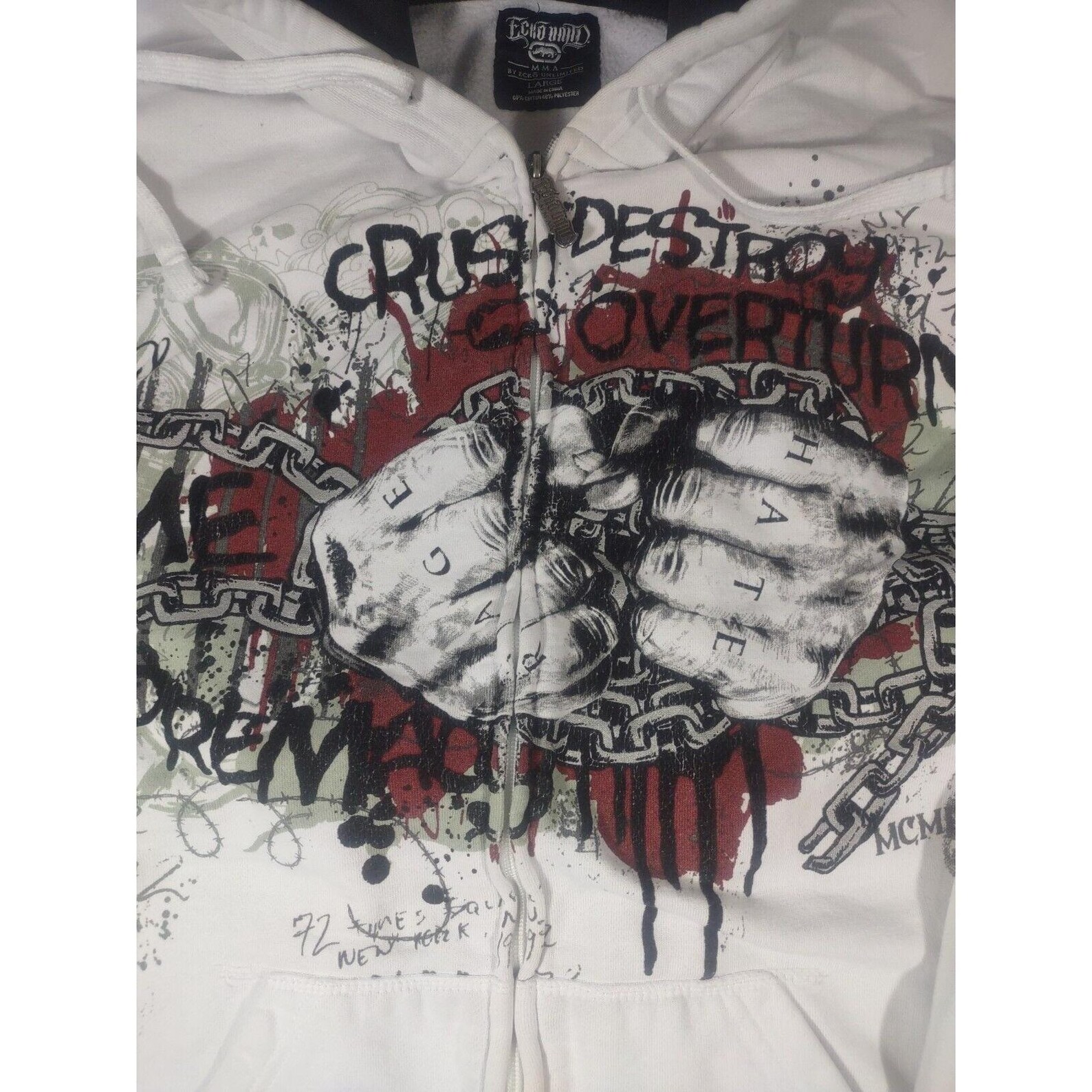 Vintage Y2K Mens Ecko Unltd. Zombie Shackled Hate Zip Hoodie White ...