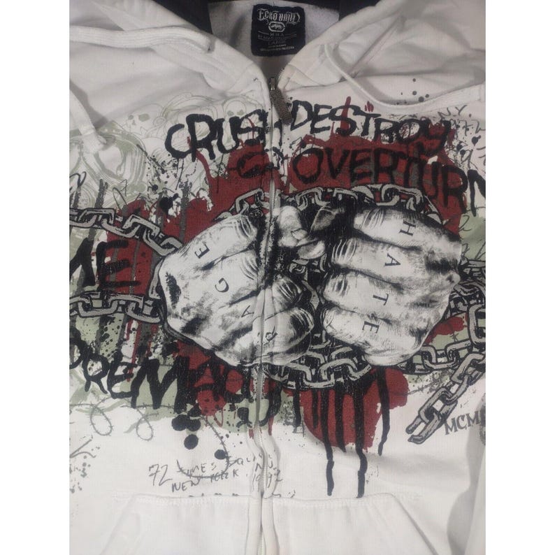 Vintage Y2K Mens Ecko Unltd. Zombie Shackled Hate Zip Hoodie White ...