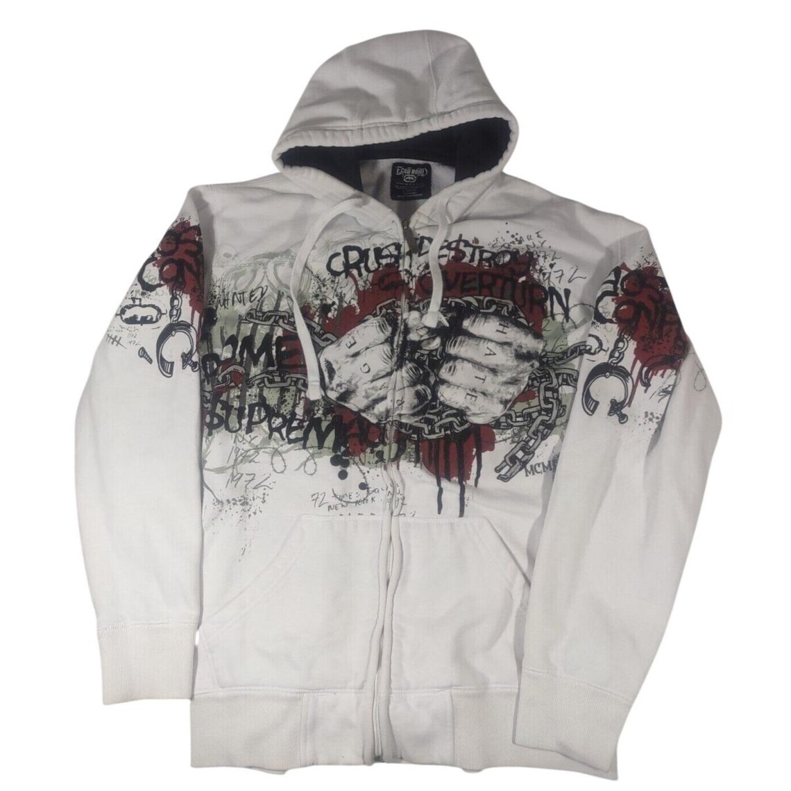Vintage Y2K Mens Ecko Unltd. Zombie Shackled Hate Zip Hoodie White ...