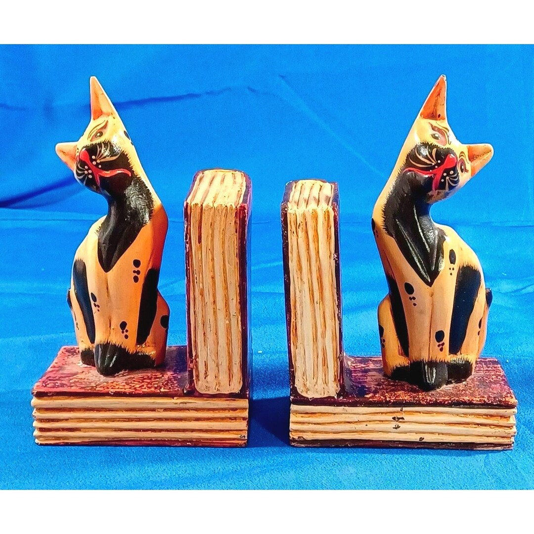 Vtg Laurel Burch Style Funny Cats Hand Carved Sculpture Wood Folk Art ...