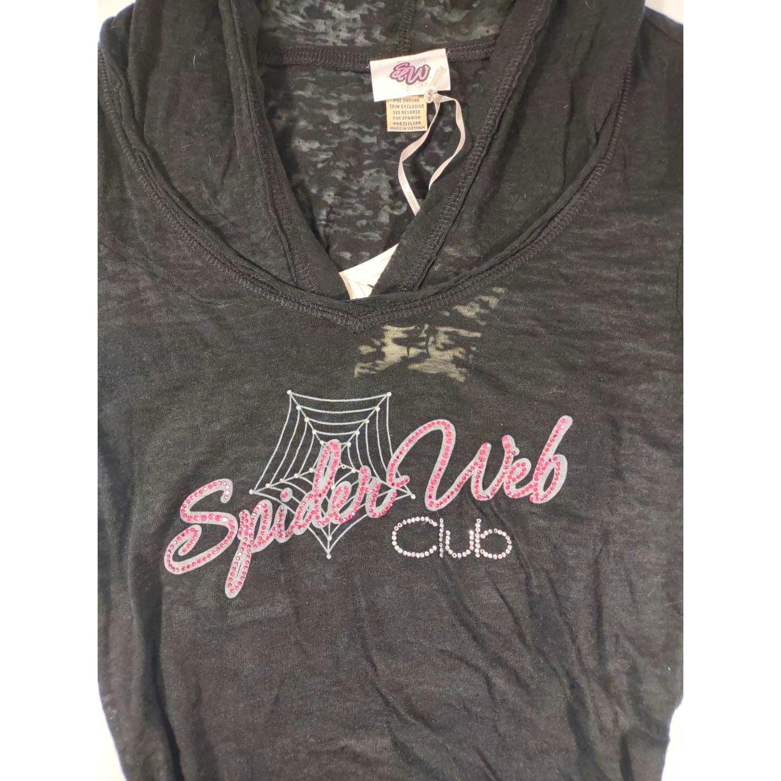 Y2K Deadstock Spiderweb Club Hooded Burnout Bedazzled Mcbling Scene Top ...