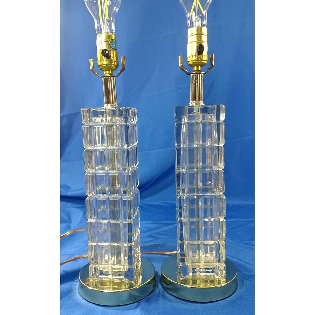 Mid Century Hollywood Regency Crystal & Brass Window Pane Cube Tower ...