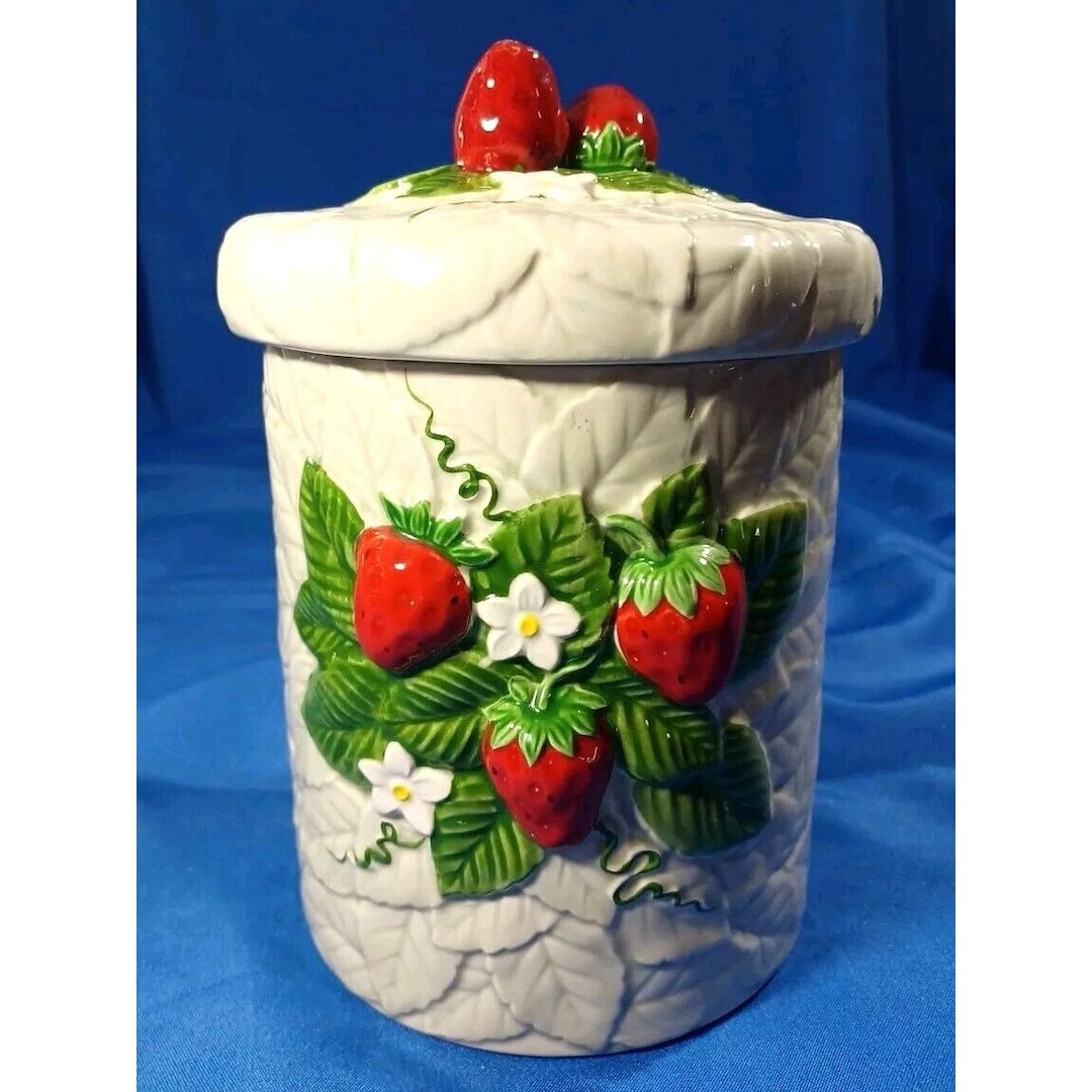 Vintage 1981 Sears Large 10 Ceramic 3D Strawberry Strawberries Canister ...