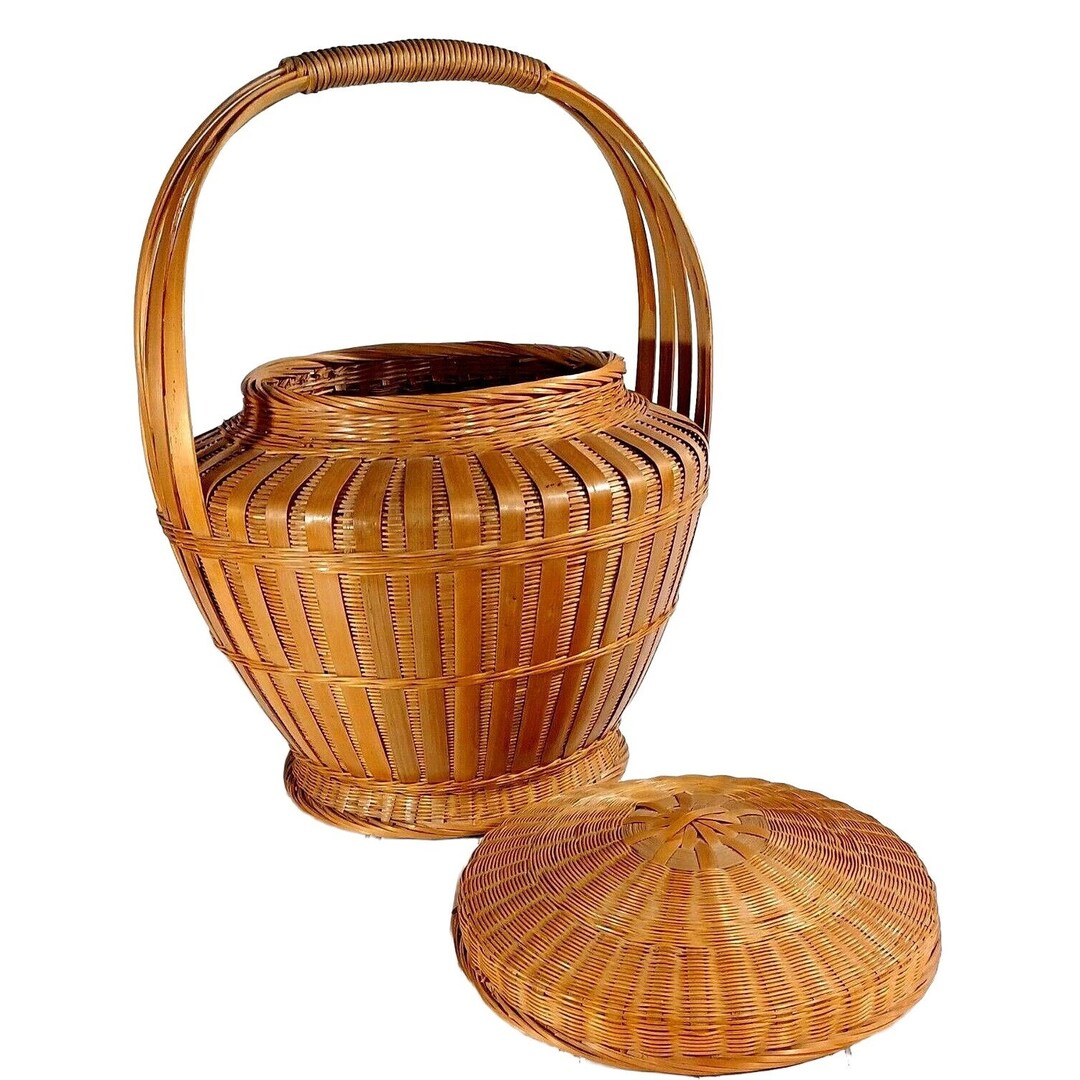 Vintage Large 70s Style 15 X 12 Natural Wicket Basket With Lid - Etsy