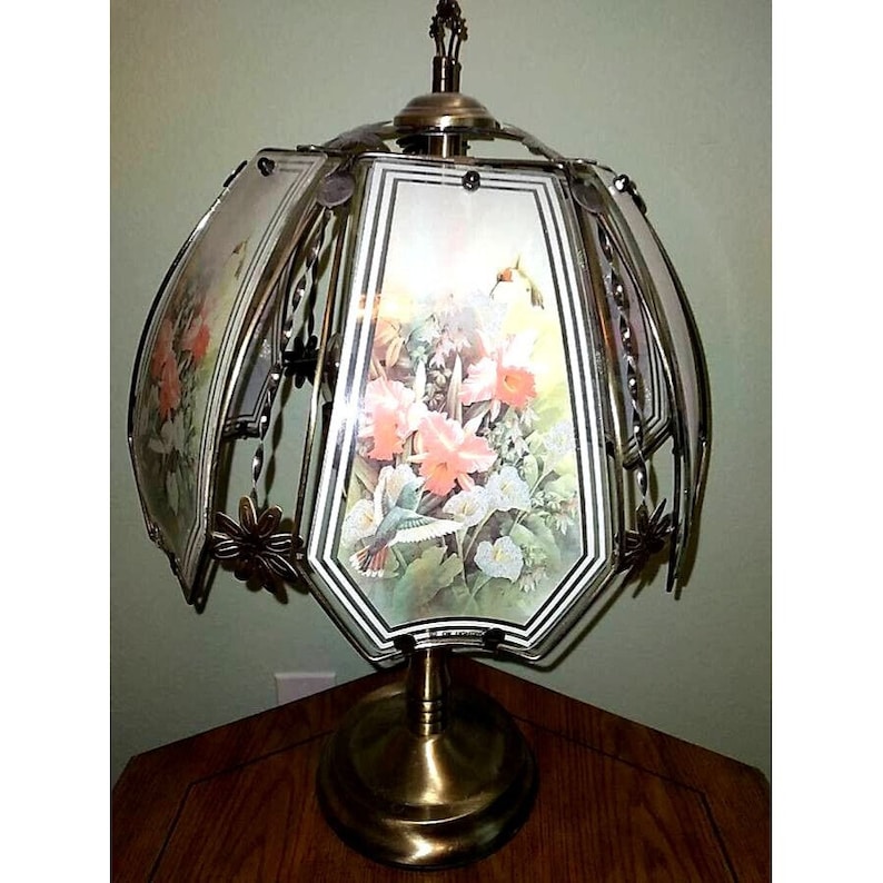 RARE Vintage OK Lighting Touch Lamp Hummingbird Floral Glass Panels 22. ...