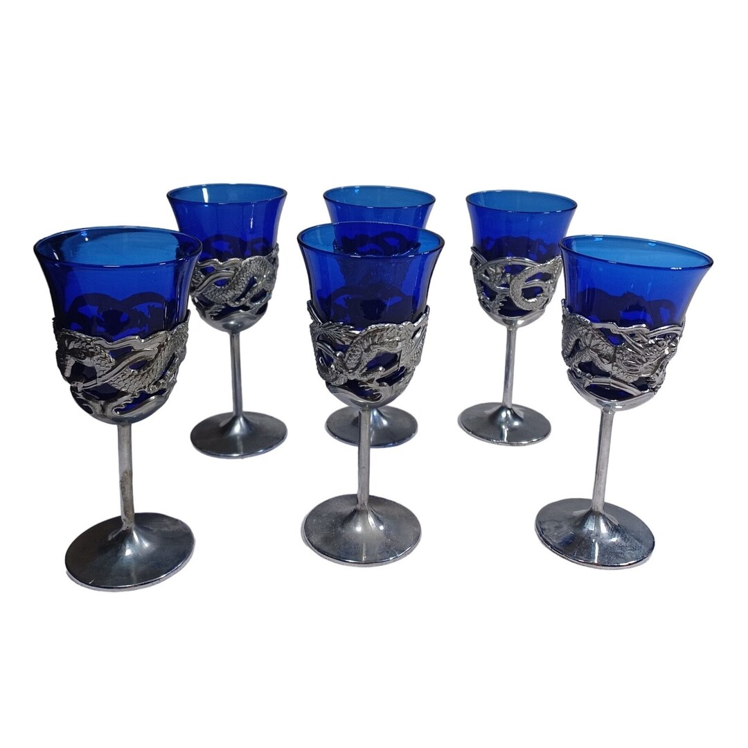 6 Morgantown Cobalt Blue Dragon Codial Glasses Set Of 6 Silver Chrome Vintage Etsy