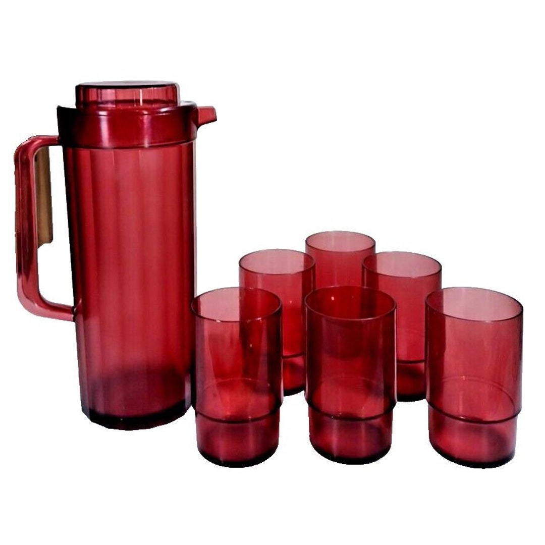 TUPPERWARE PRELUDIO Pitcher and Set of 6 Cranberry Red 14 Oz Acrylic ...