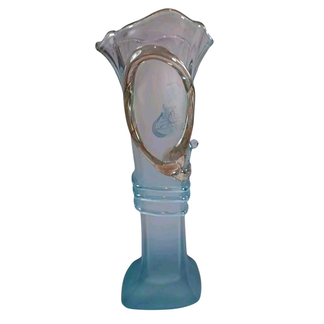 Ion Tamaian 15" Art Glass Vase Blue Frosted, Clear Gold Signed by the ...