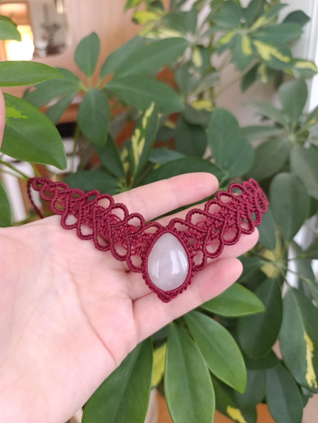 Maroon Macrame Necklace With Rose Quartz - Boho Chocker Natural Stone ...