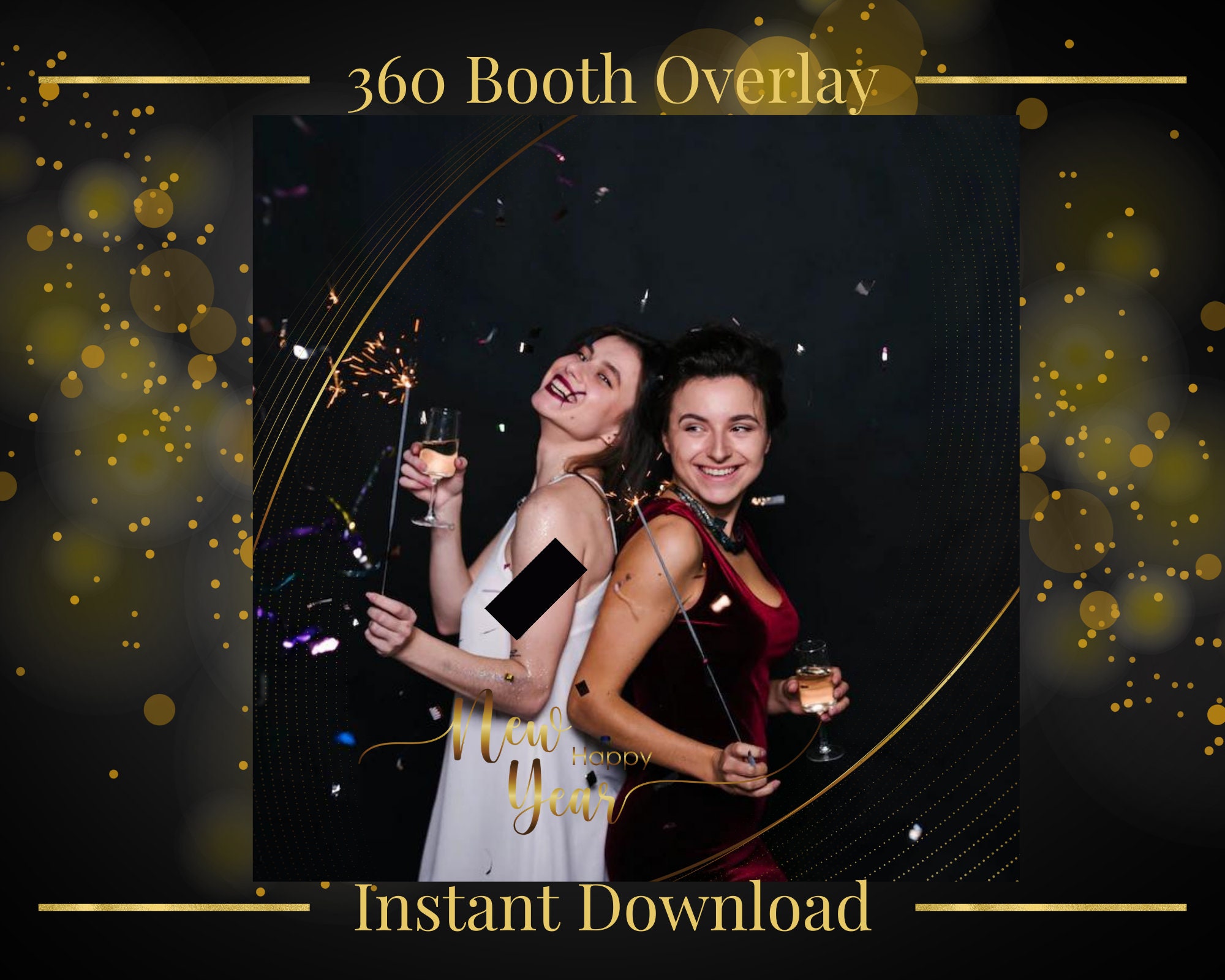 360 Overlay for New Year Parties, Modern 360 Booth Photo Template, Gold ...