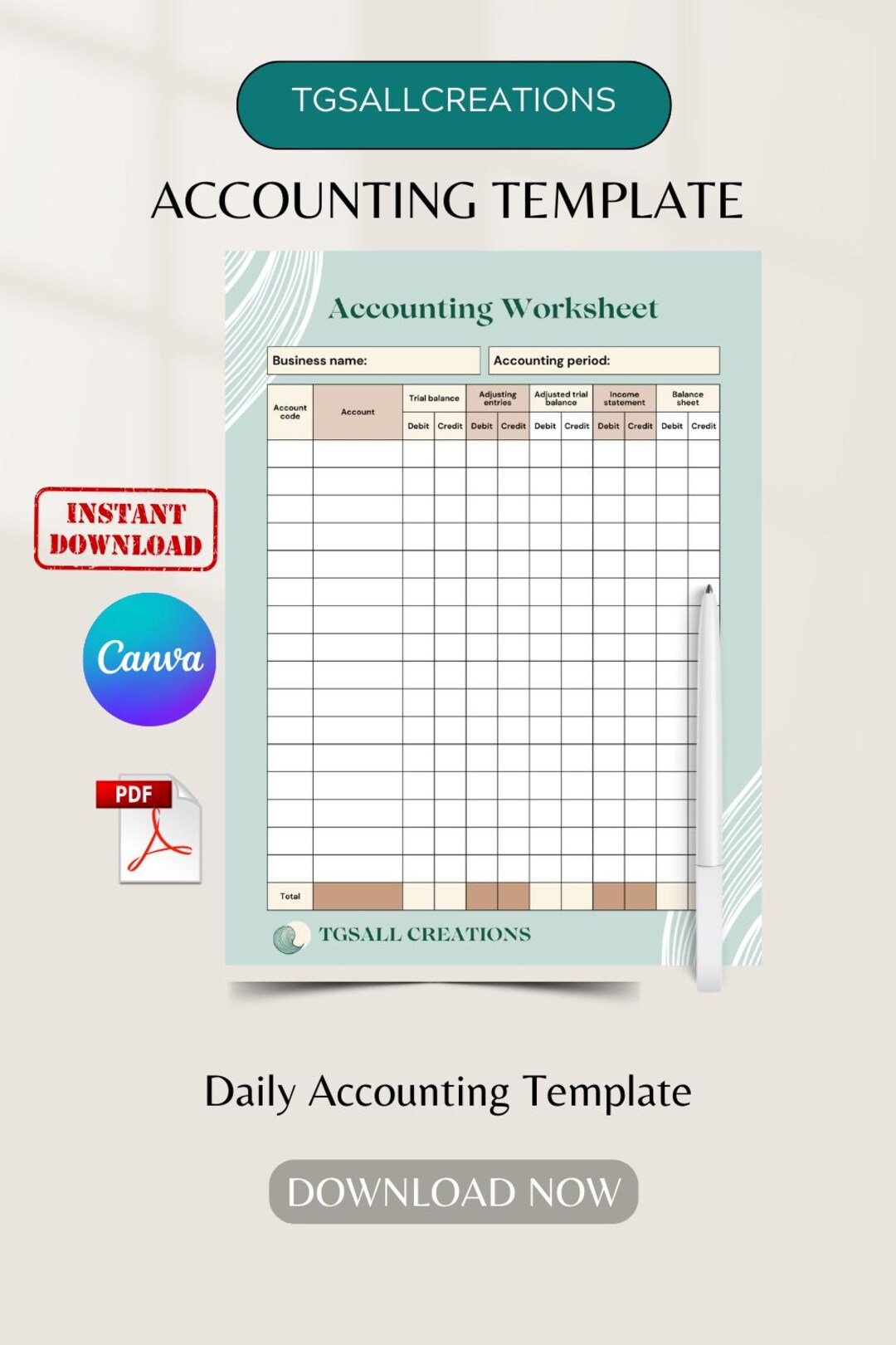 Small Business Accounting Template, Daily Worksheet (PDF Download ) - Etsy
