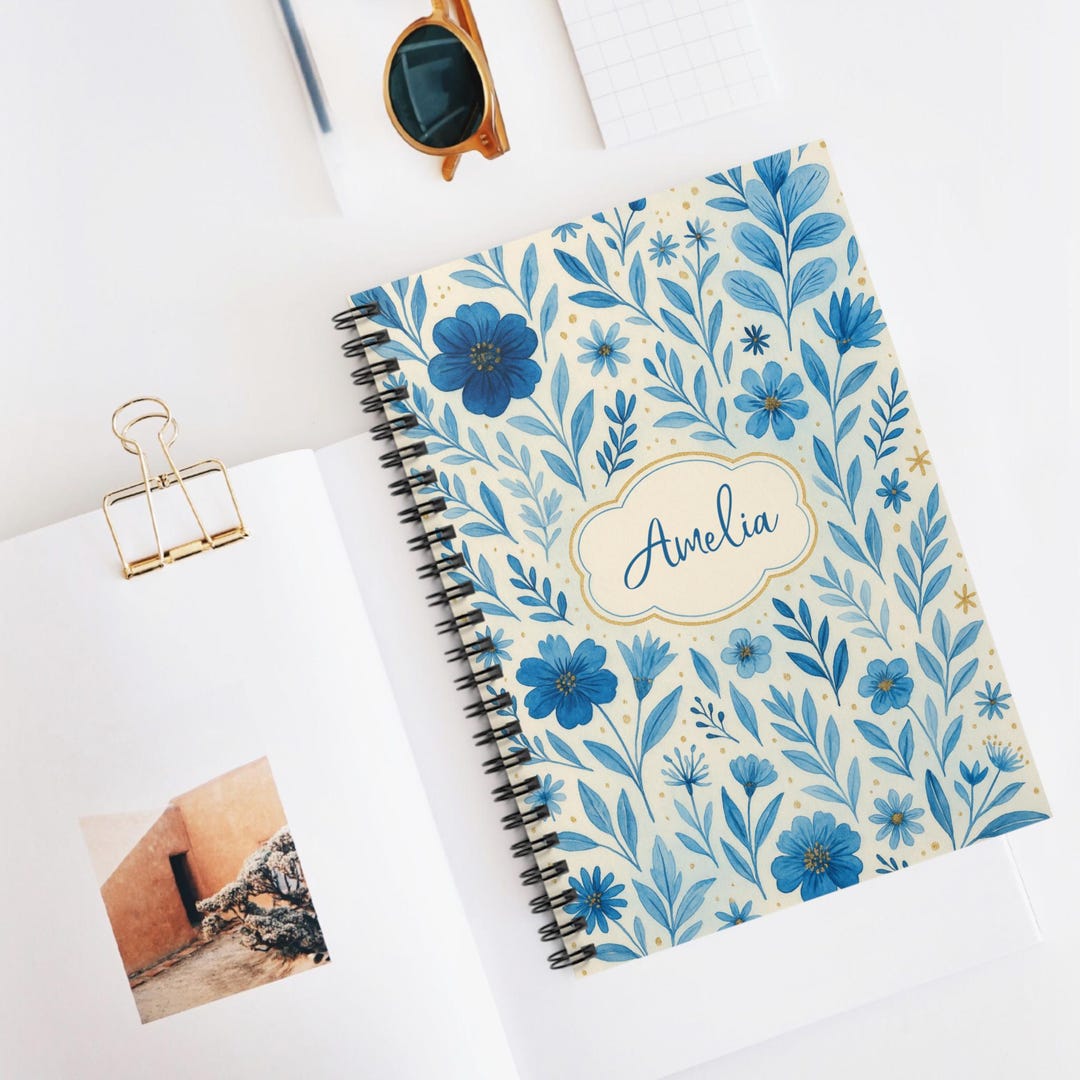 Personalized Blue Floral Notebook, Custom Name Journal, Cute Flower ...