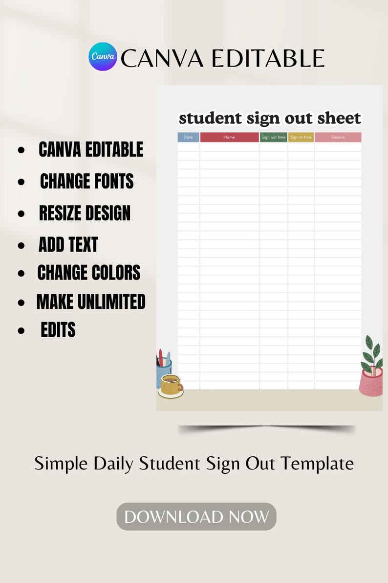 Student Sign Out Sheet Printable, Canva Editable Classroom Attendance ...