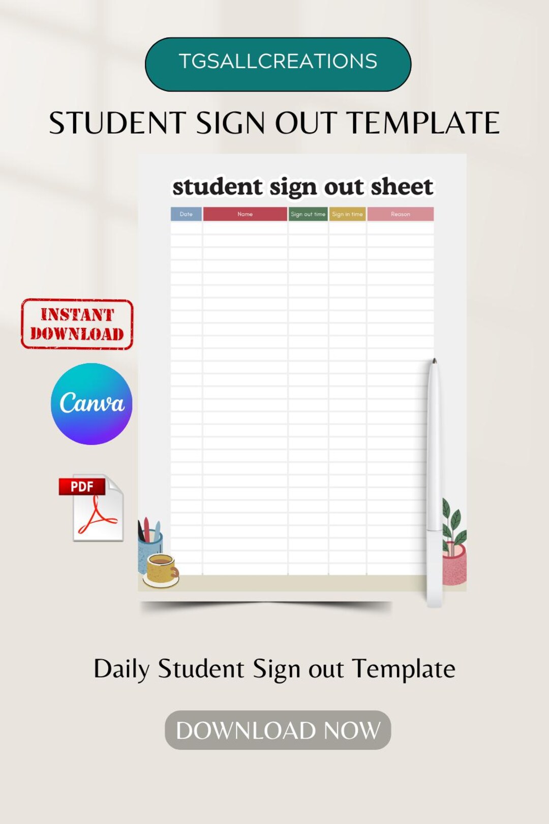 Student Sign Out Template, Classroom Attendance Tracker (printable PDF ...