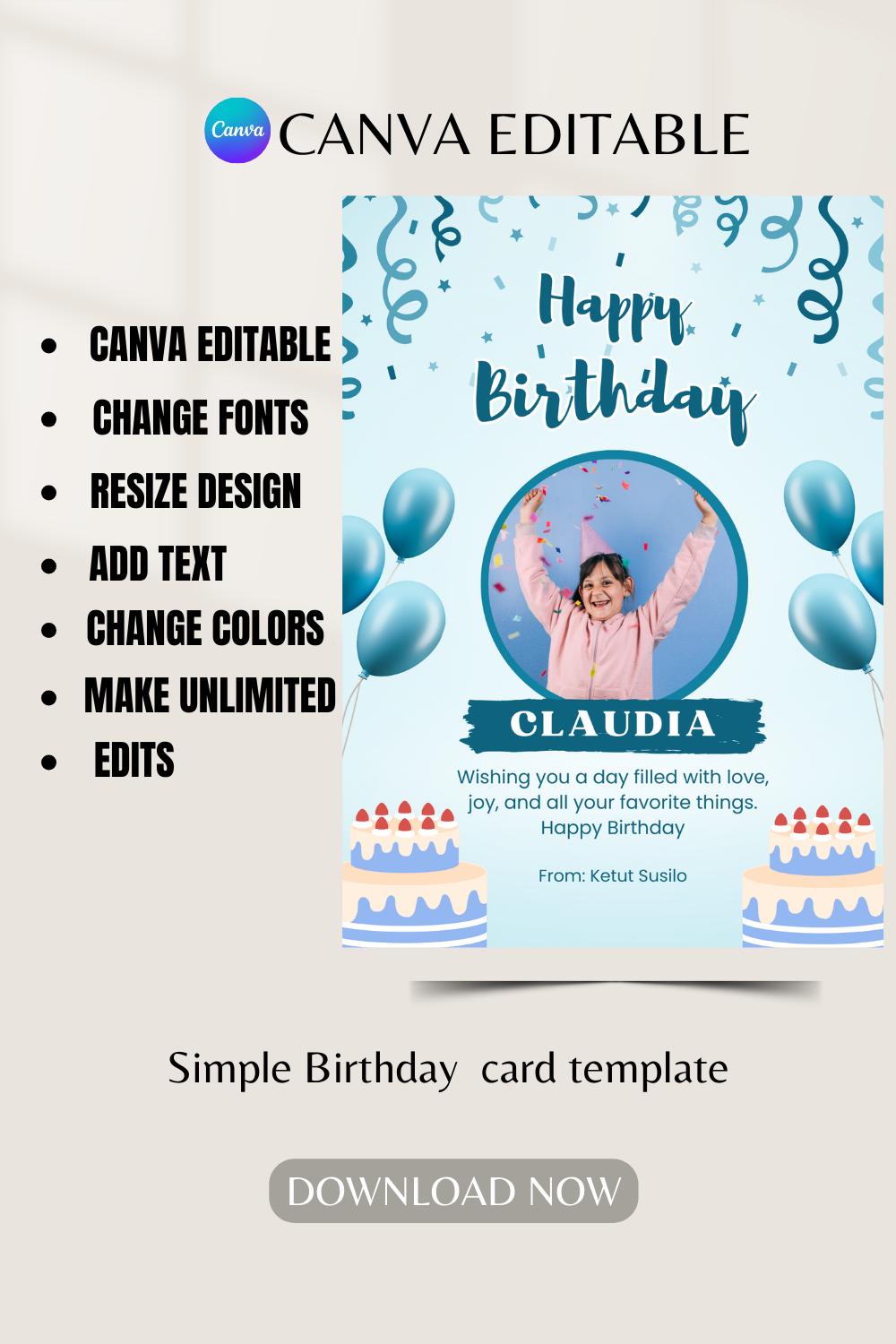 Kids Birthday Card Template, Printable Happy Birthday Photo Card, Canva ...