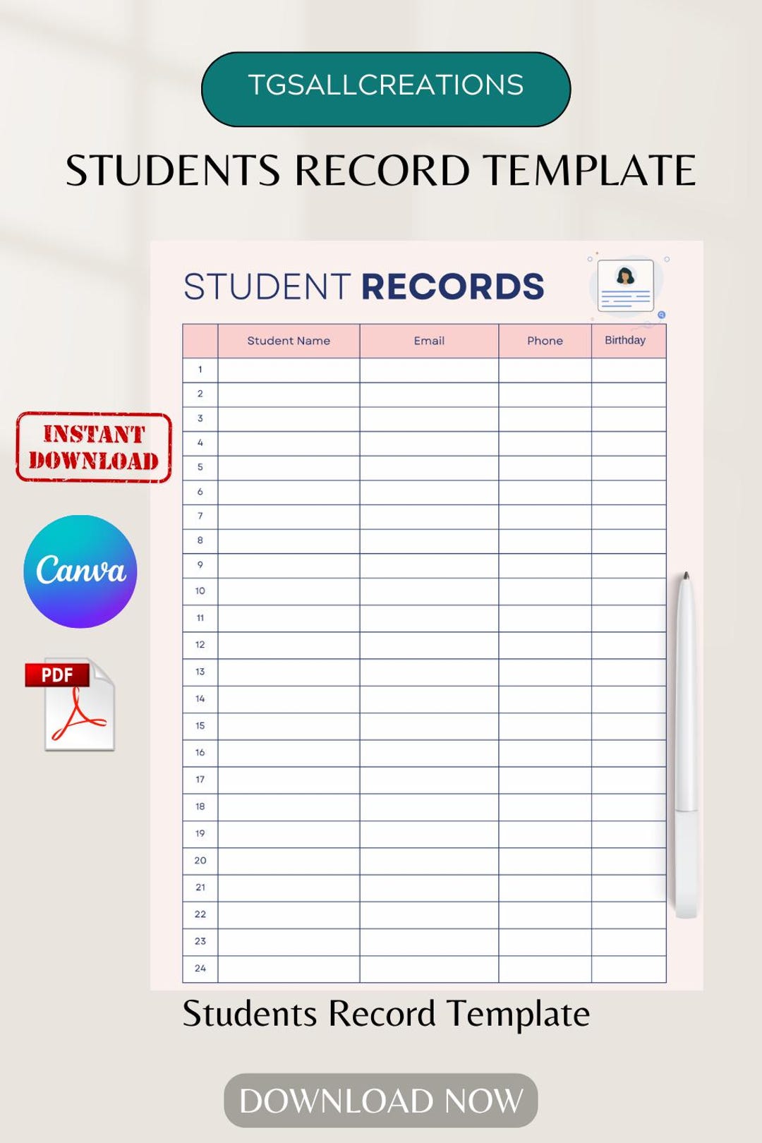 Student Information Tracker, Printable Teacher Record Sheet, Editable ...