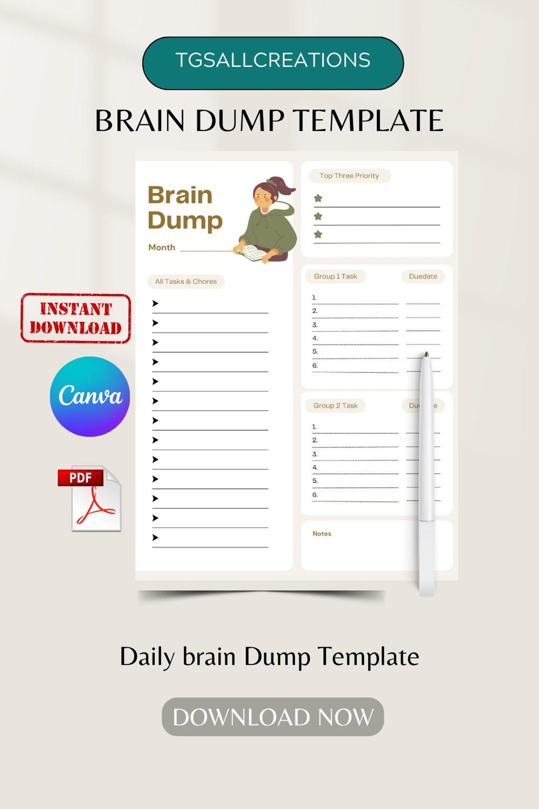 Daily Brain Dump Template, Mental Clarity Worksheet (PDF Download) - Etsy
