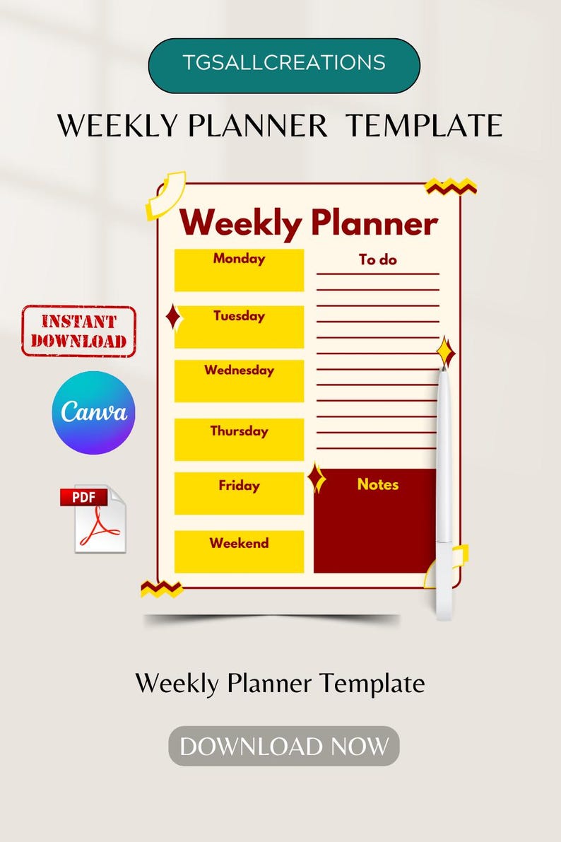 Canva Editable Weekly Planner Template, To-do List (PDF Download) - Etsy