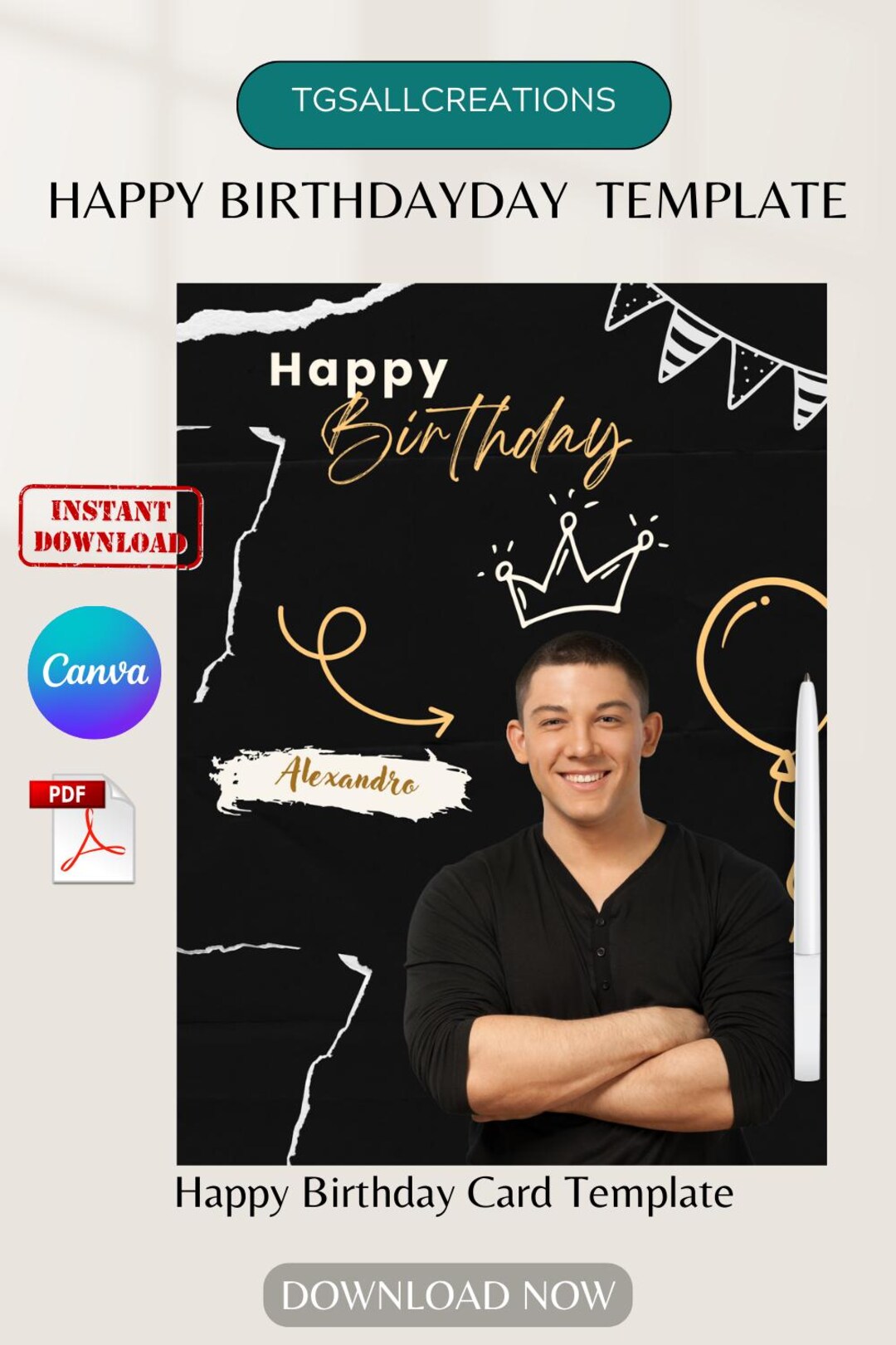 Mens Photo Birthday Card Template, Editable Canva Greeting (PDF ...