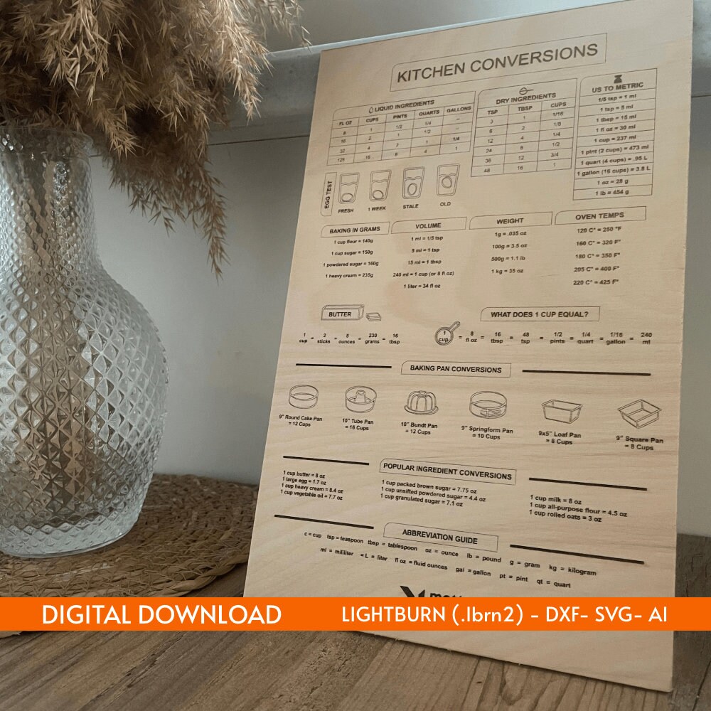 Kitchen Conversions Chart & Table - SVG - DXF - Ai - Lightburn (.lbrn2 ...