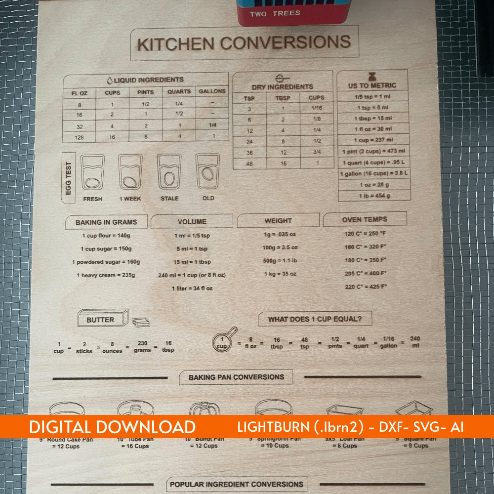 Kitchen Conversions Chart & Table - SVG - DXF - Ai - Lightburn (.lbrn2 ...