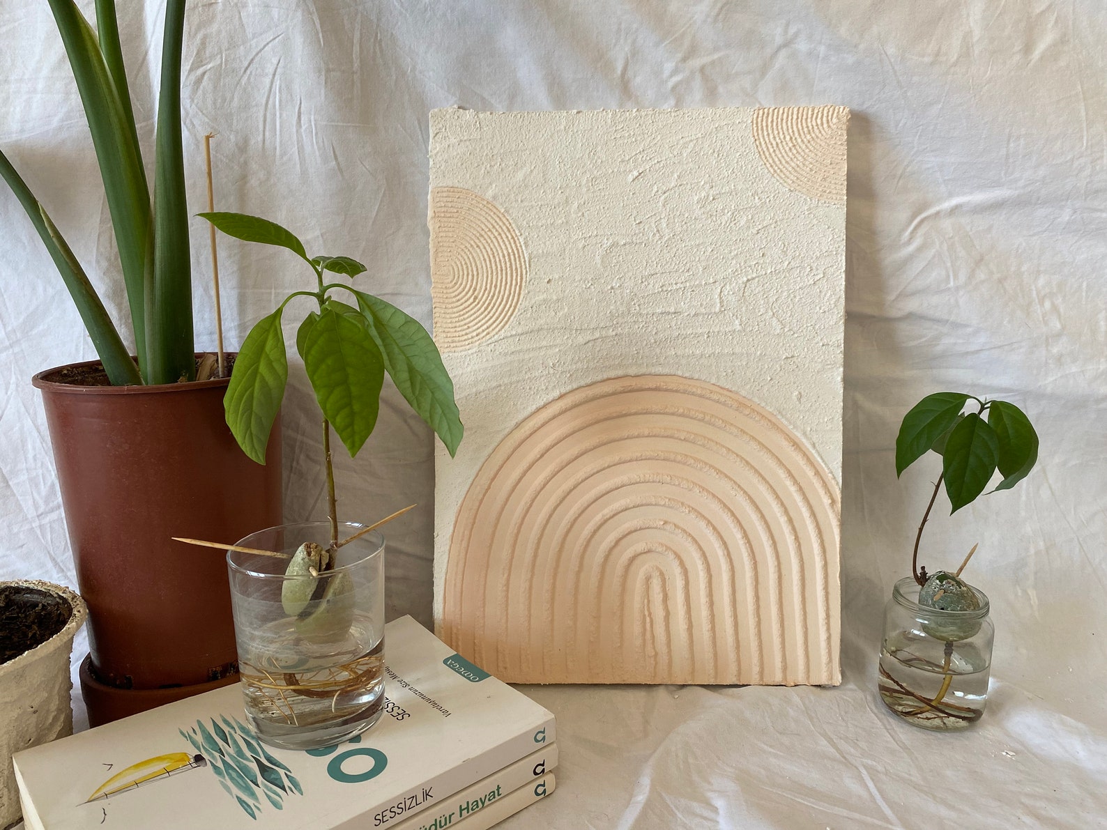 Beige Boho Textured Wall Art, Plaster Wall Art, Textured Art Canvas ...