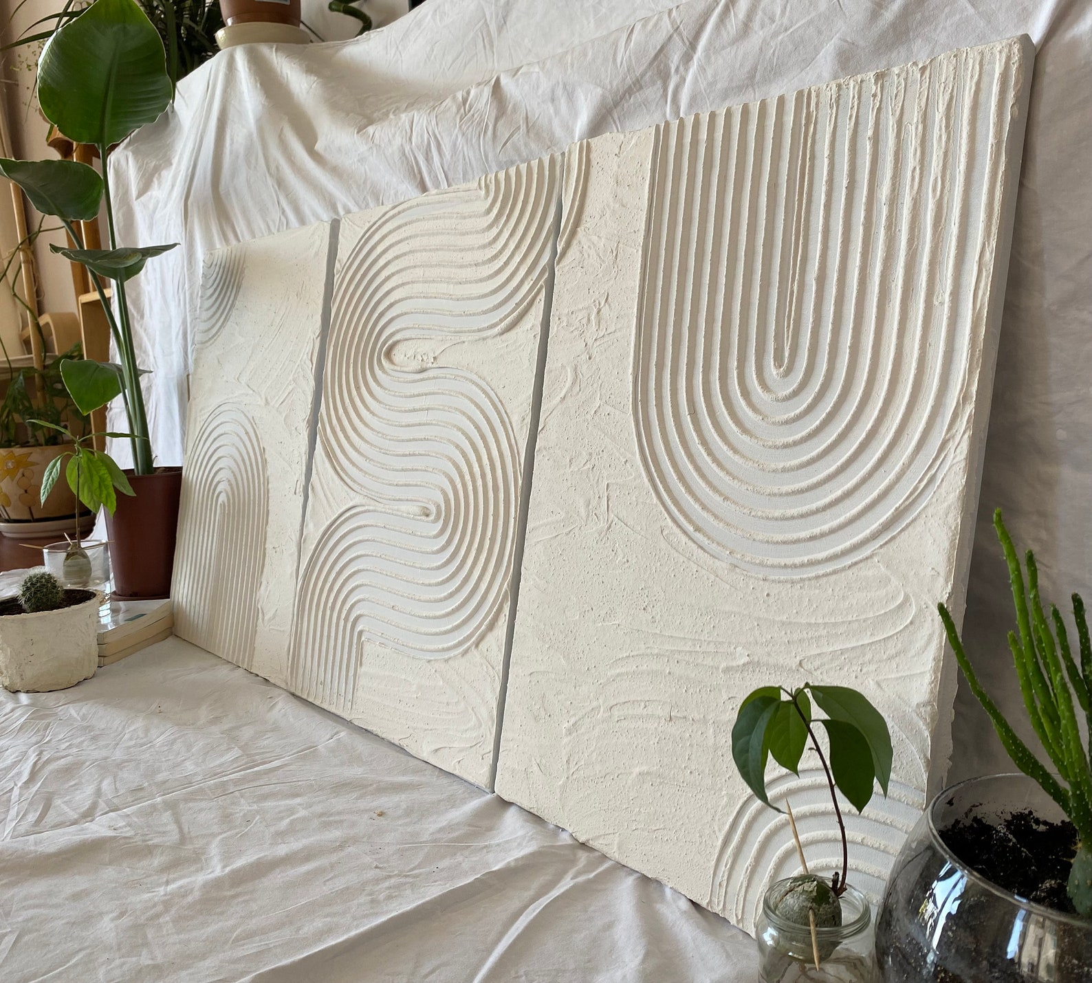 Set of 3 Boho Plaster Wall Art, Textured Wall Art, Textured Art Canvas ...