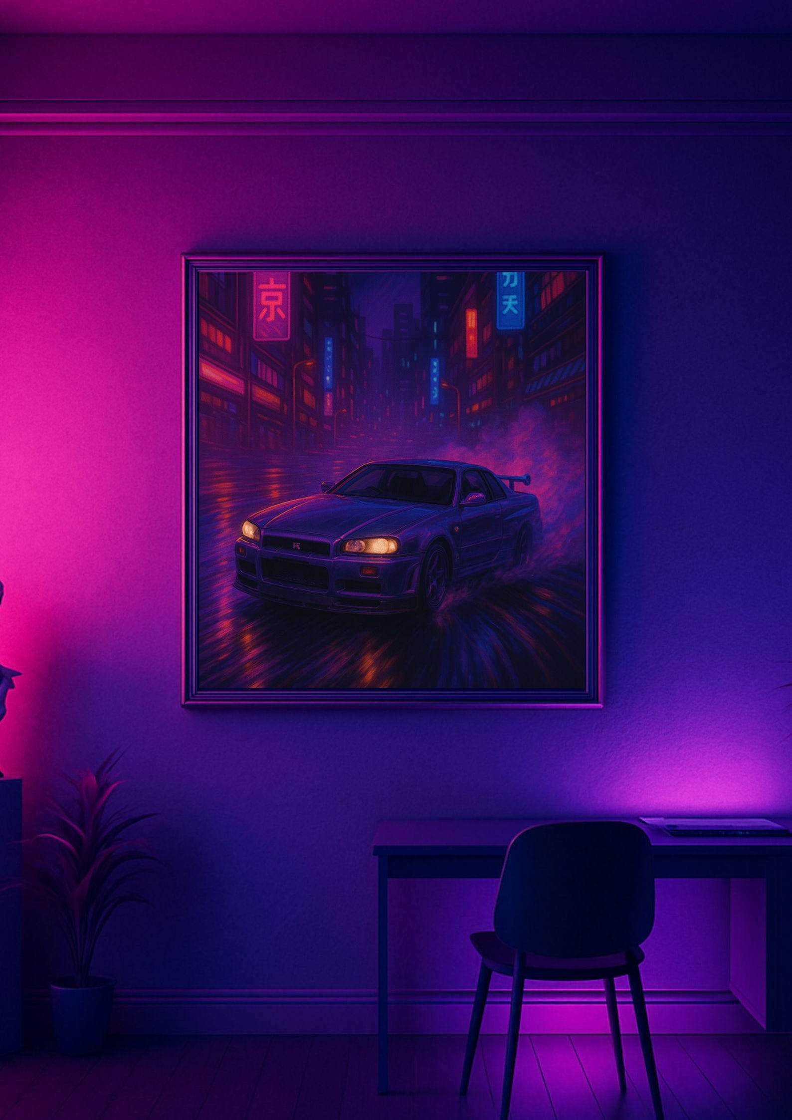 JDM Nissan Skyline Synthwave Tokyo Drift Print, Neon City Drift Scene ...