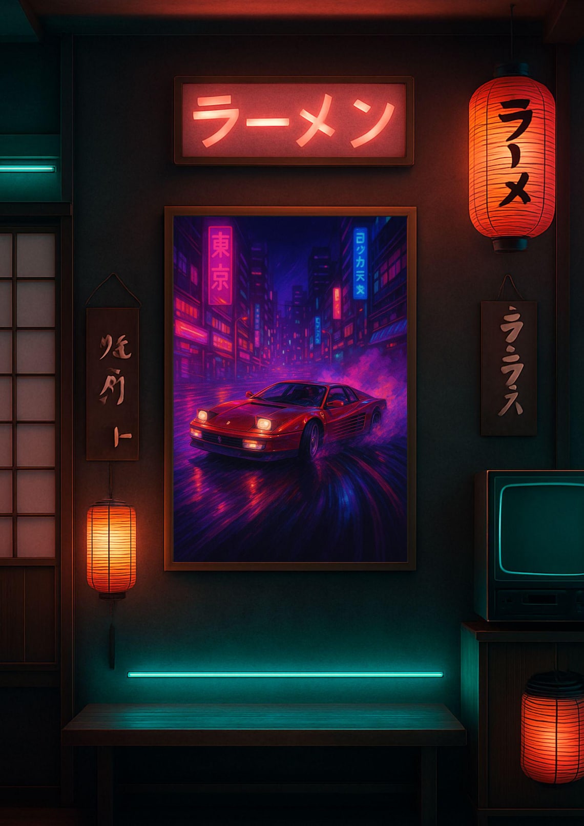 Neon Cyberpunk Ferrari Tokyo Drift Car Poster – Vaporwave Ferrari ...