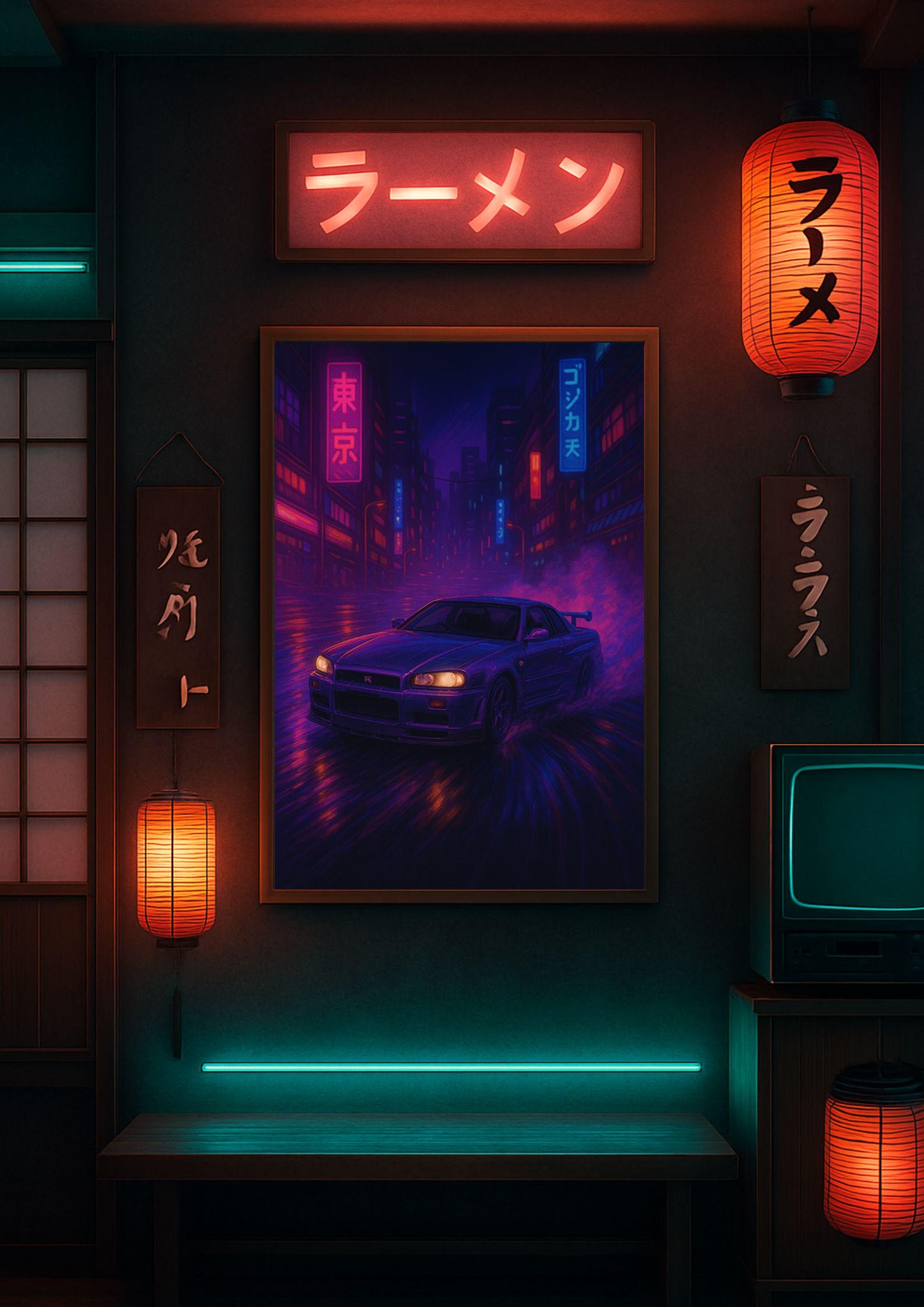 JDM Nissan Skyline Synthwave Tokyo Drift Print, Neon City Drift Scene ...