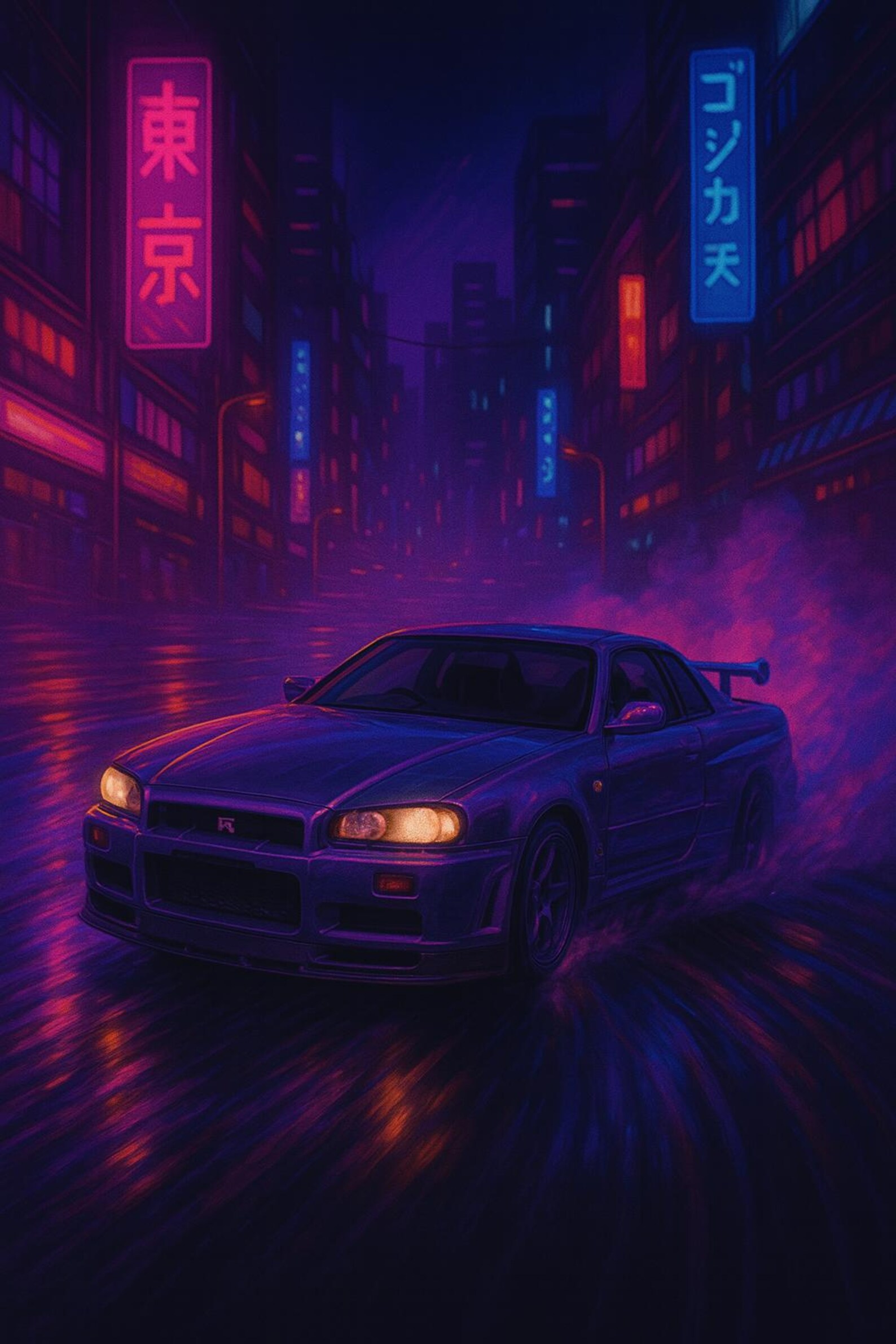 JDM Nissan Skyline Synthwave Tokyo Drift Print, Neon City Drift Scene ...