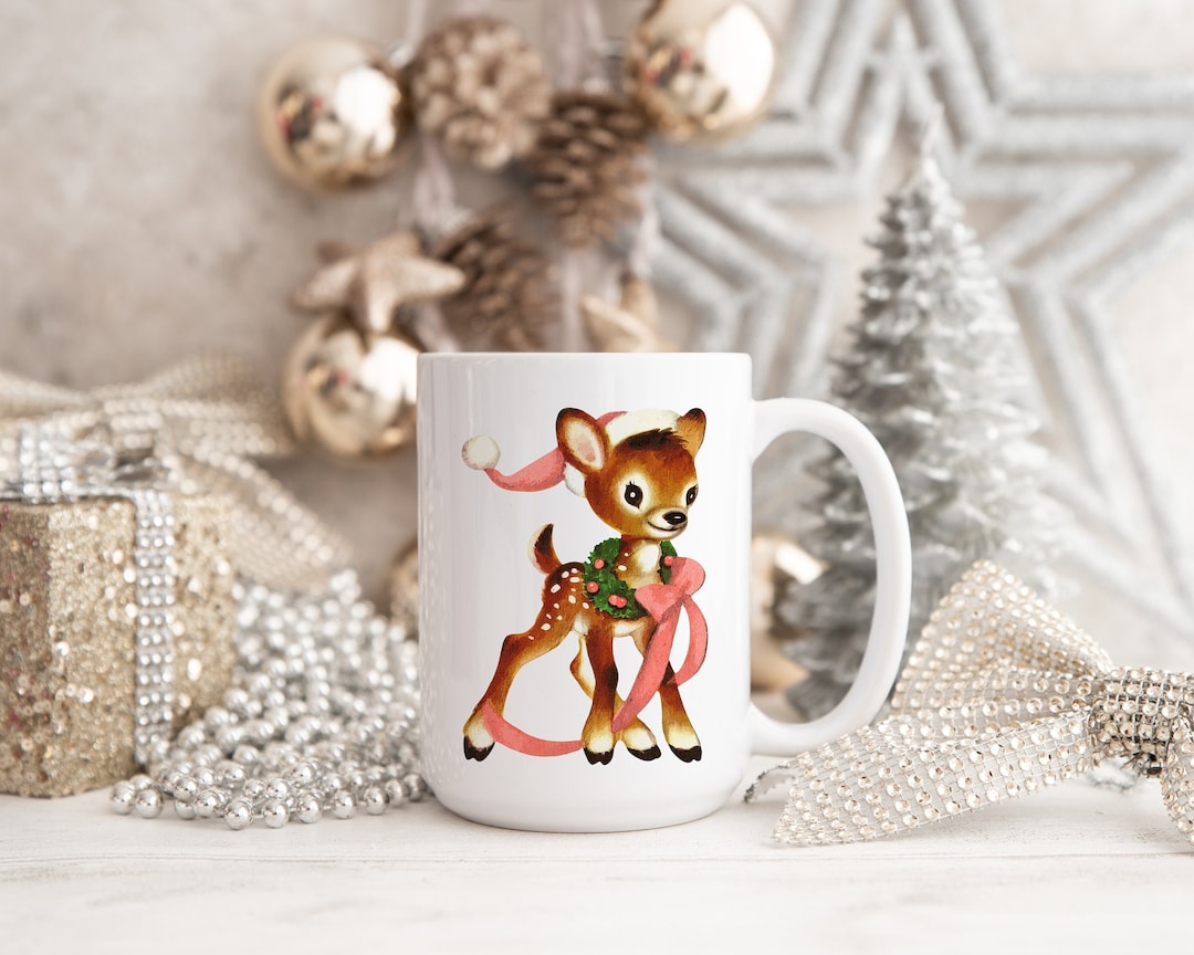 Retro Christmas Mug, Pink Christmas Reindeer Mug, Mid Century Modern ...