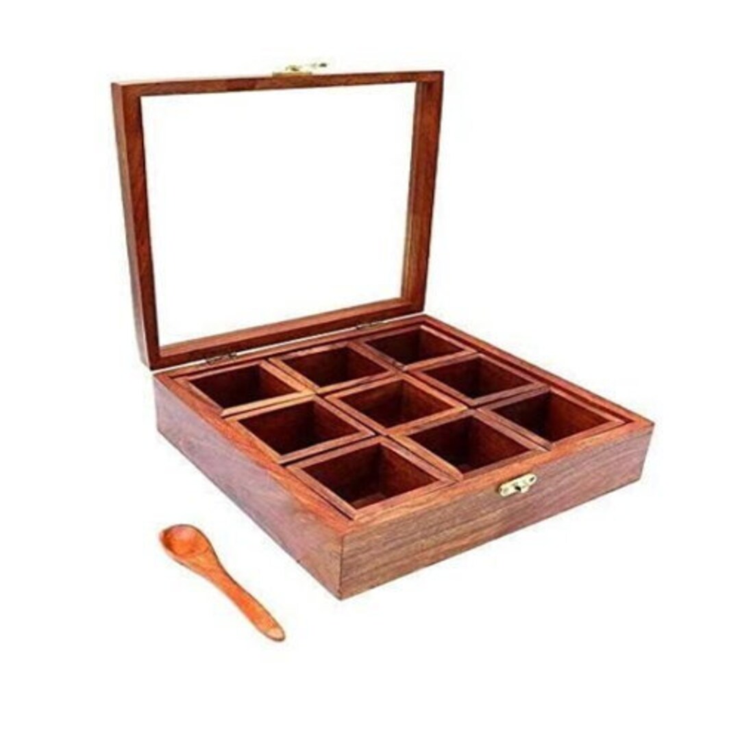 Sheesham Wooden Masala Dabba With Glass Top Containers Kitchen - Etsy