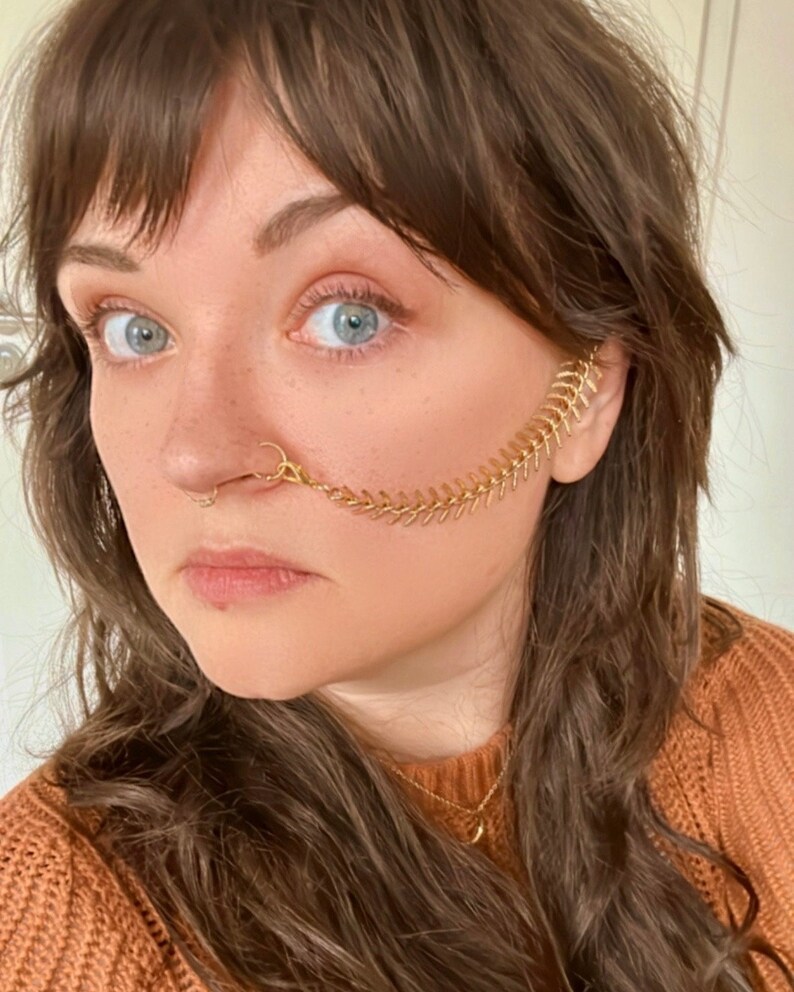Nose Chain With Ear Cuff, Golden Ear Cuff, Nose Ring Chain, Golden Nose ...