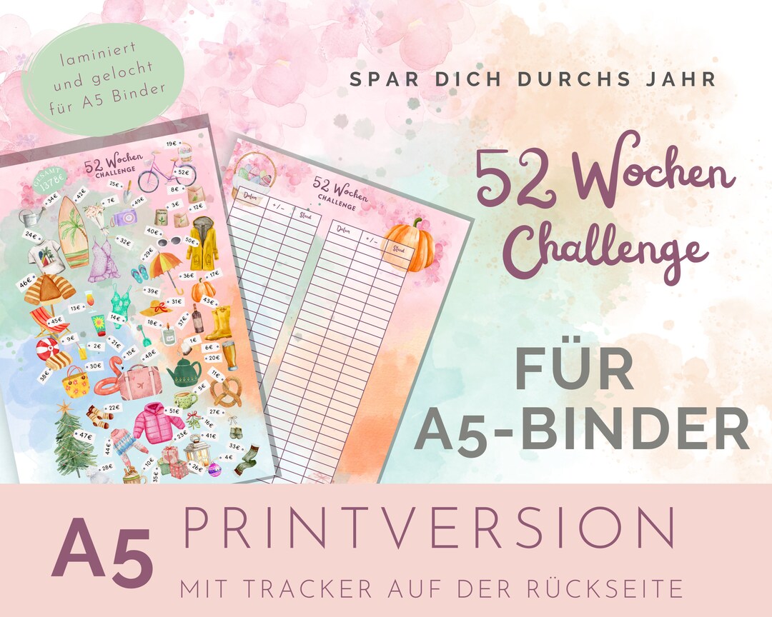 52 Wochen Sparchallenge Mit Tracker Auf Der Rückseite Als - Etsy