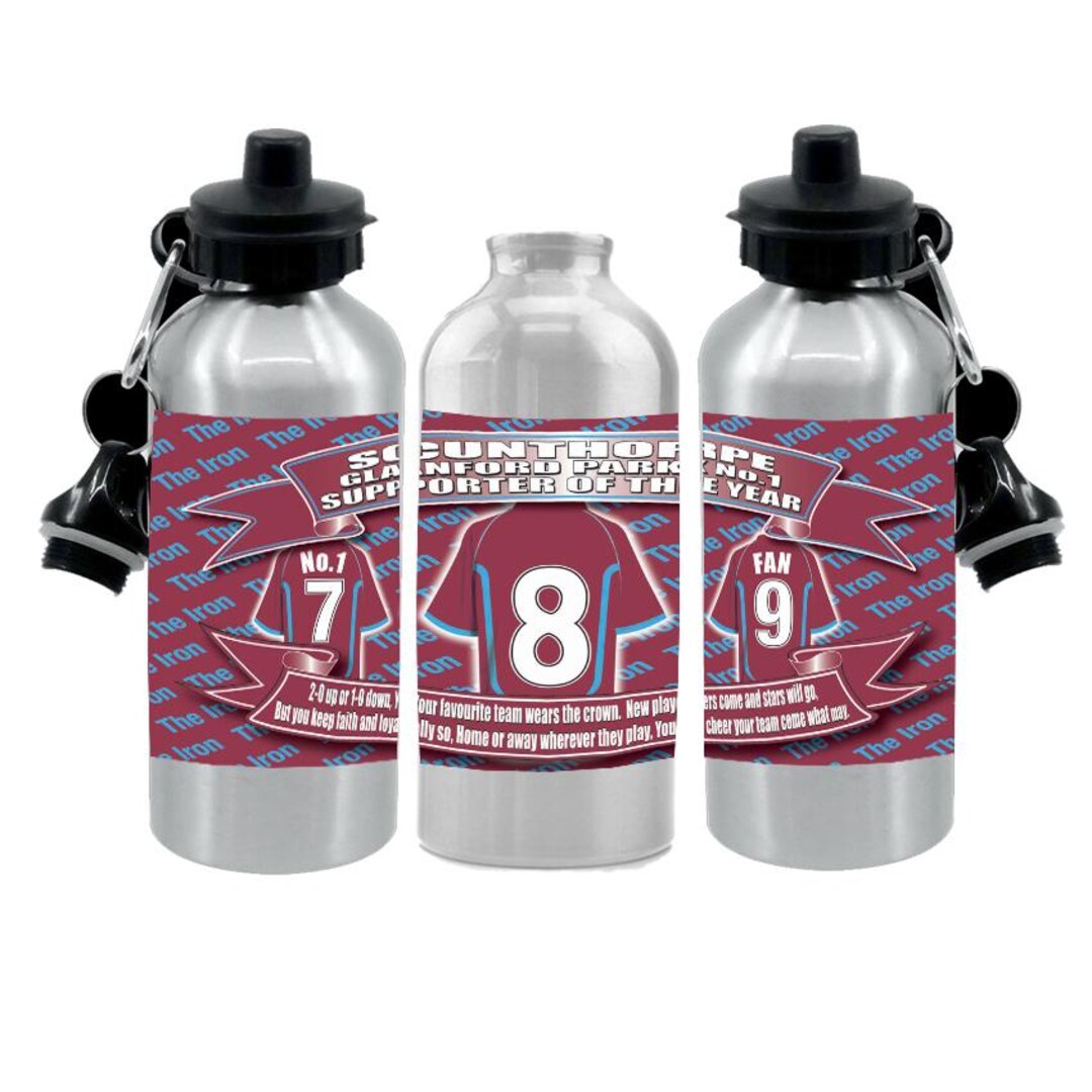 Scunthorpe Water Bottle Football Shirt Silver Aluminium Two Lids Unisex ...