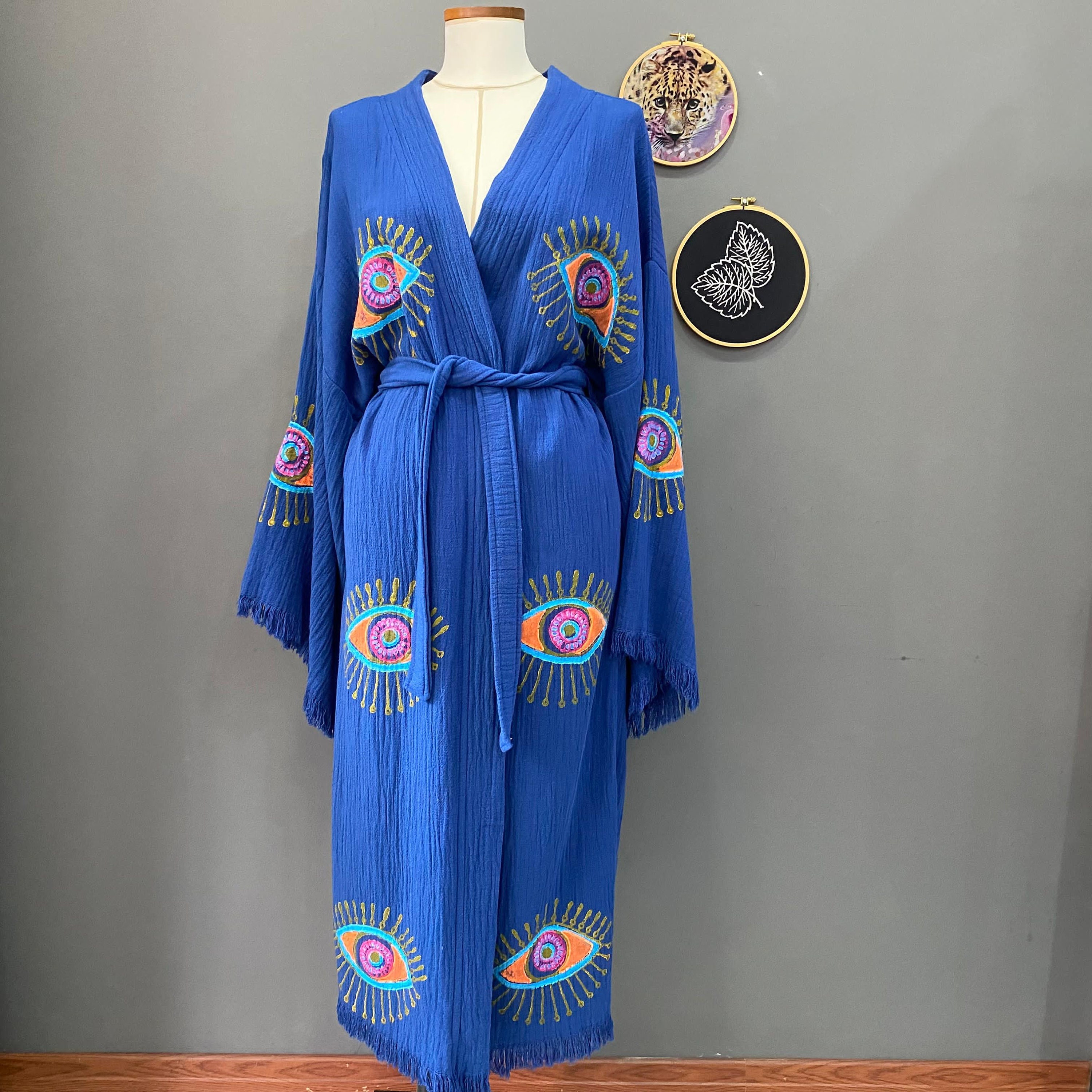 Blue Handmade Evil Eye Kimono, Boho Spa Robe, Morning Robe, Beachwear ...