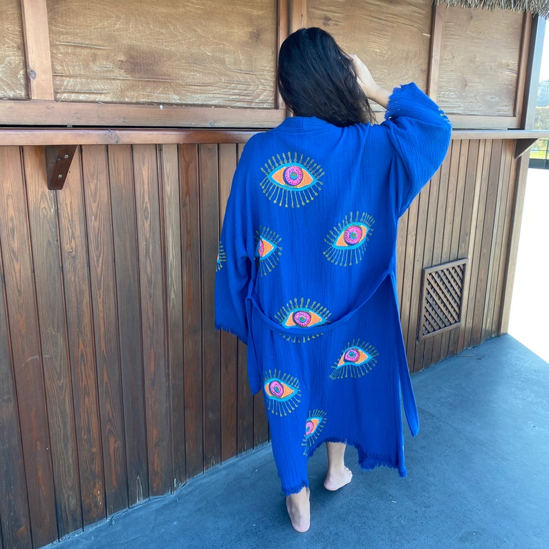 Blue Handmade Evil Eye Kimono, Boho Spa Robe, Morning Robe, Beachwear ...