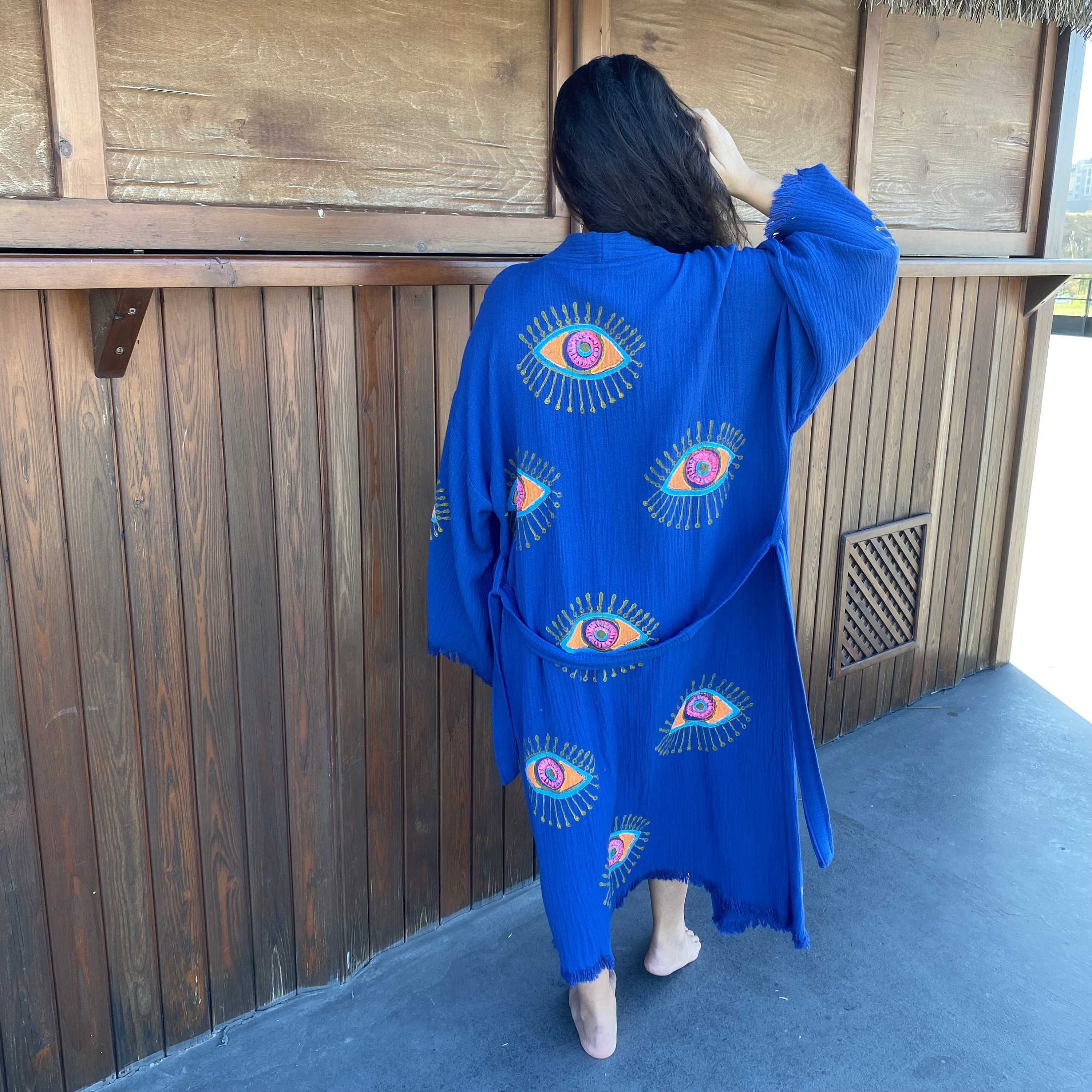 Blue Handmade Evil Eye Kimono, Boho Spa Robe, Morning Robe, Beachwear ...