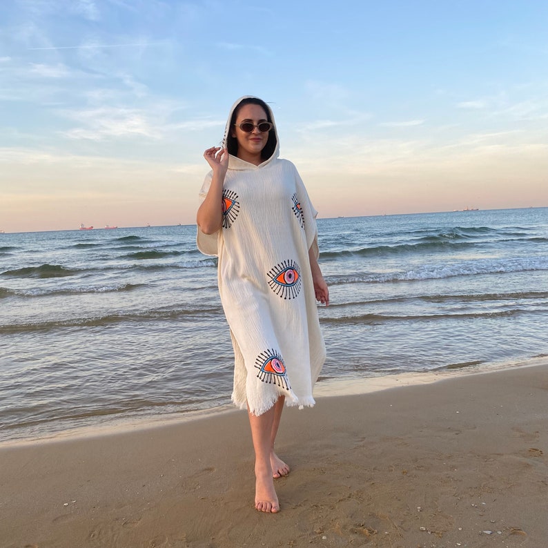 Handmade Evil Eye Boho Festival Kimono, Hooded Boho Beachwear, Spa Robe ...