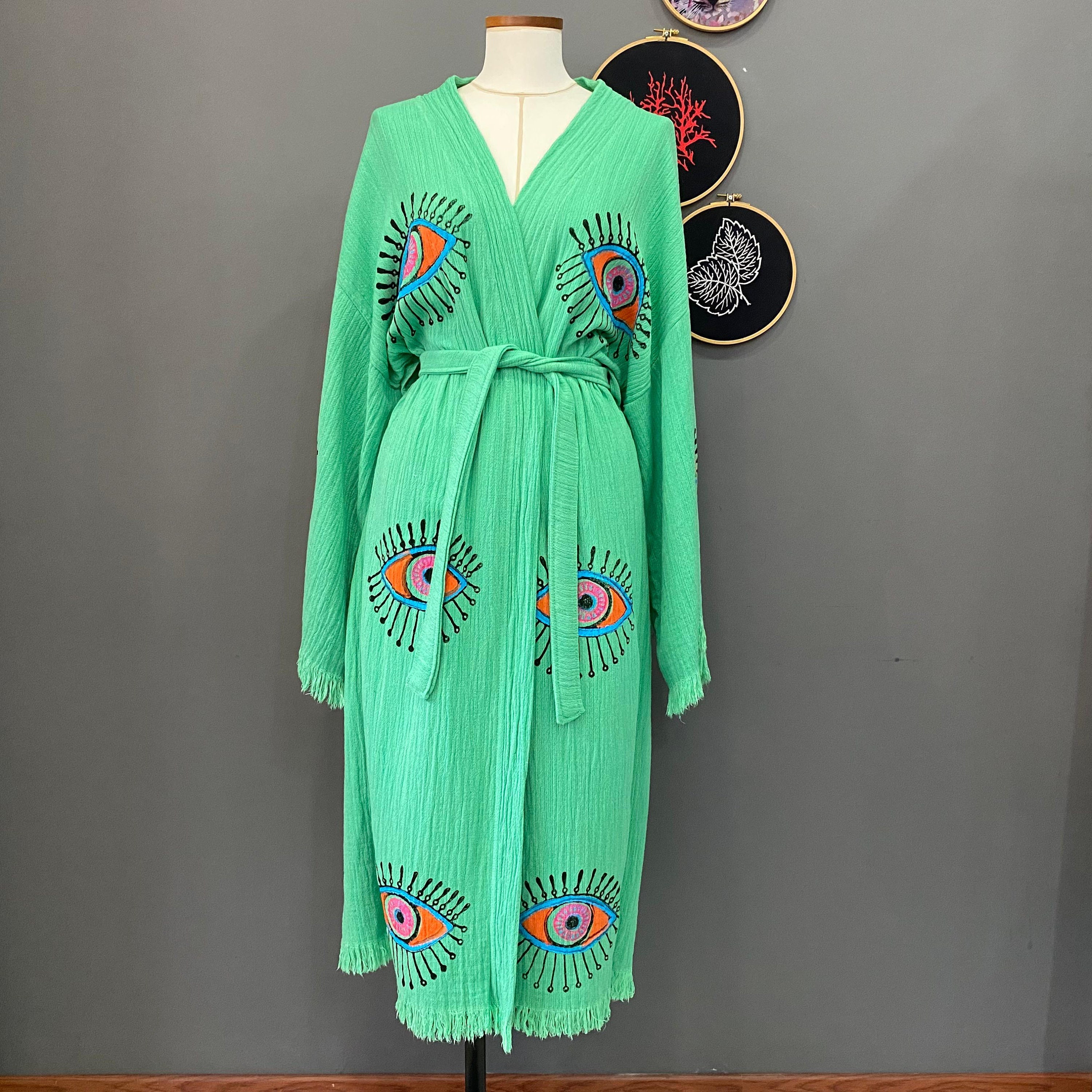 Mint Green Evil Eye Kimono Robe, Cotton Handmade Evil Eye Festival ...