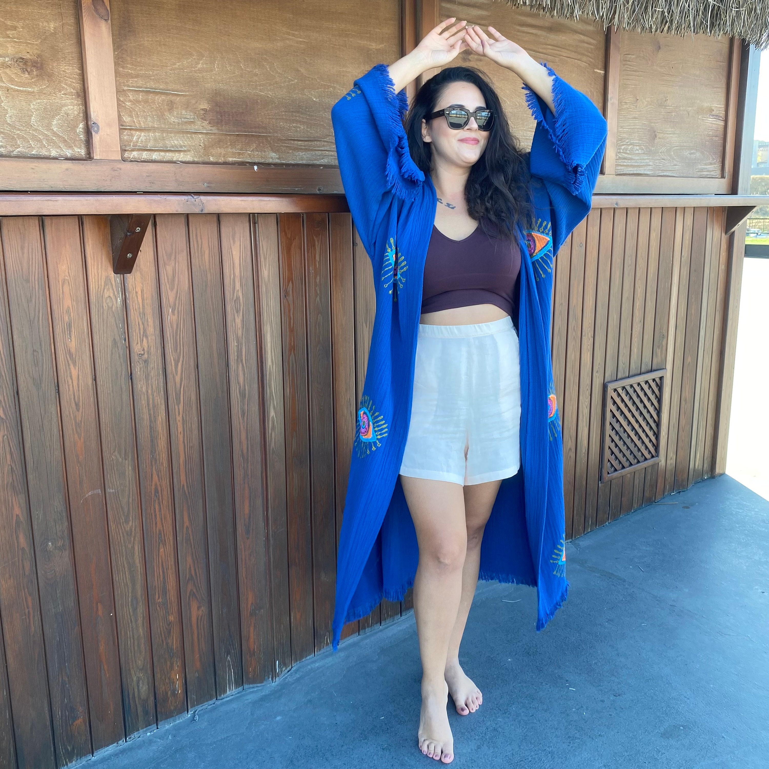 Blue Handmade Evil Eye Kimono, Boho Spa Robe, Morning Robe, Beachwear ...