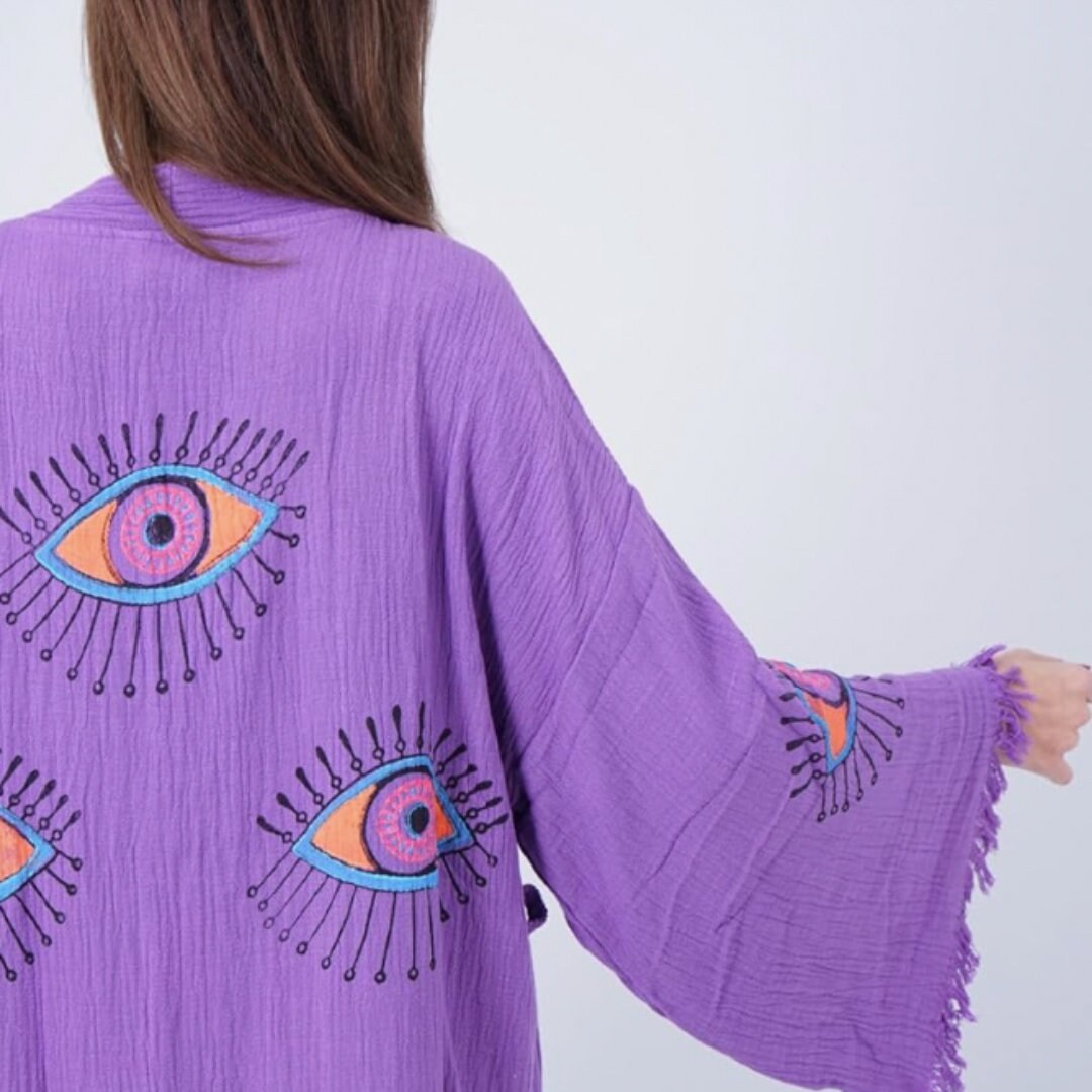 Purple Handmade Evil Eye Kimono, Festival Kimono, Spa Robe, Pool Kimono ...
