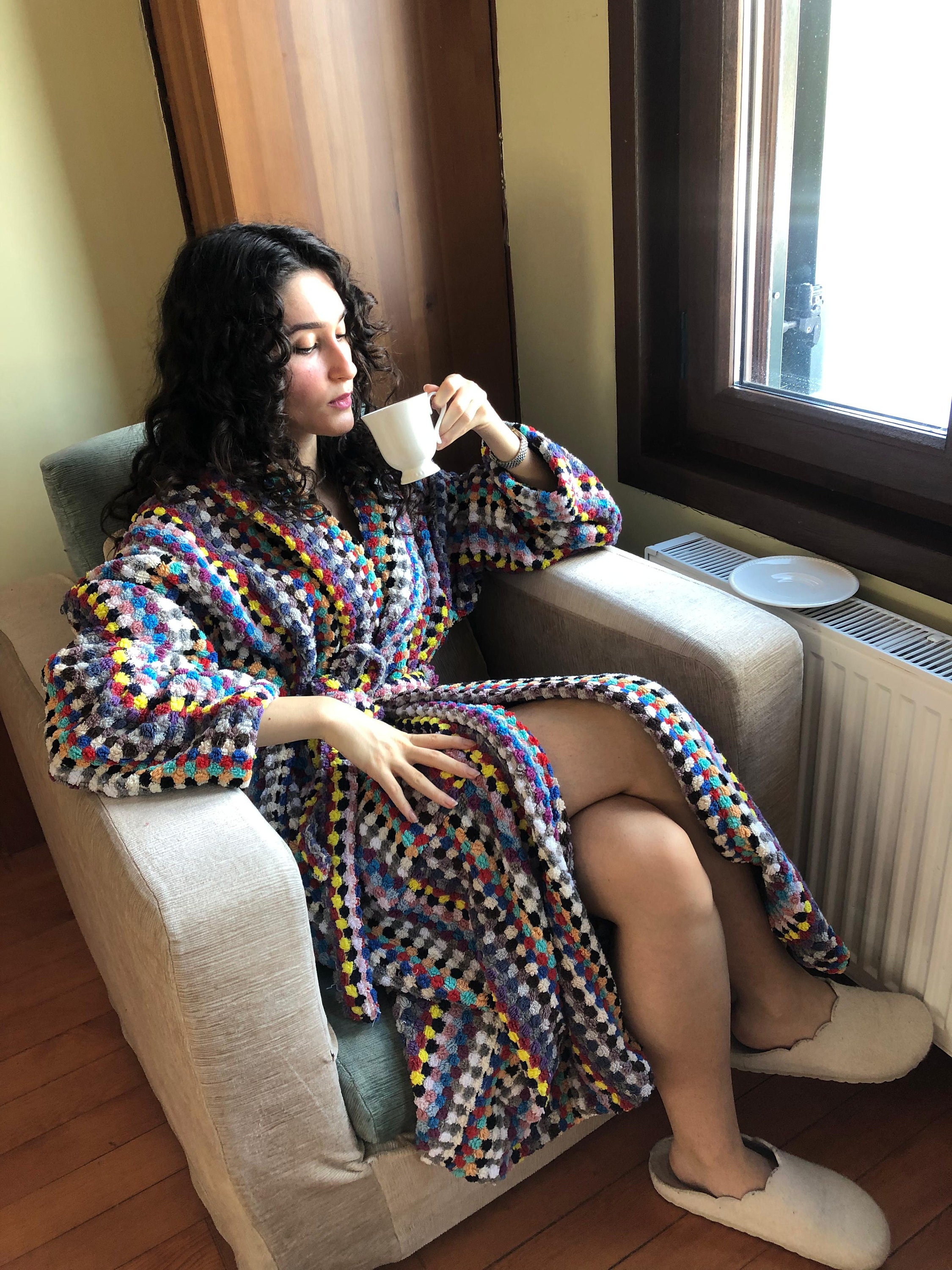Handwoven Bubble Robe for Women, Organic Cotton, Pom Pom Kimono Robe ...