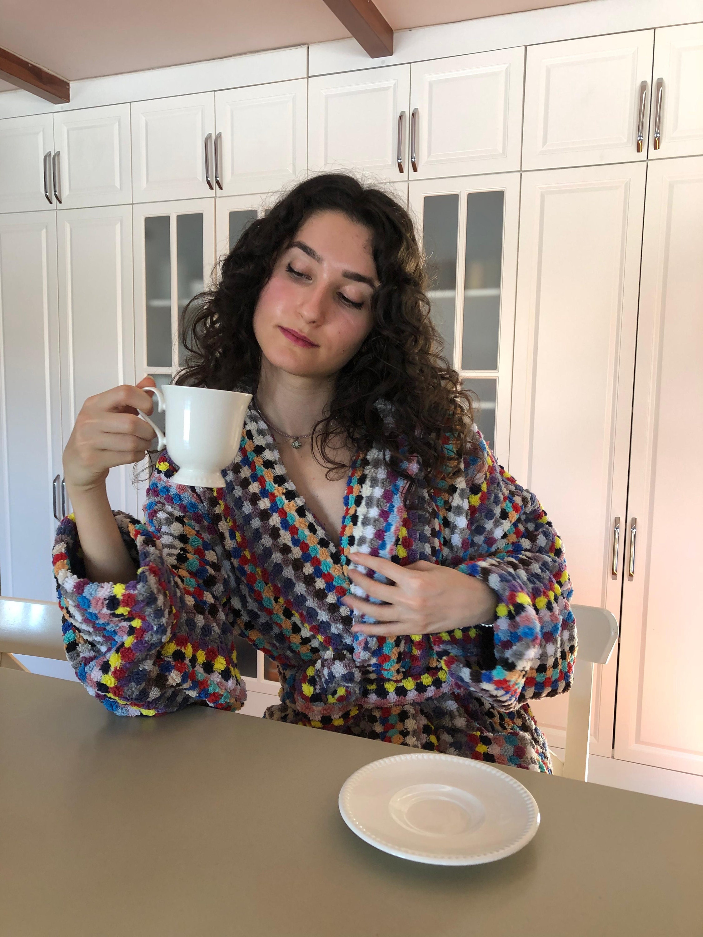 Handwoven Bubble Robe for Women, Organic Cotton, Pom Pom Kimono Robe ...