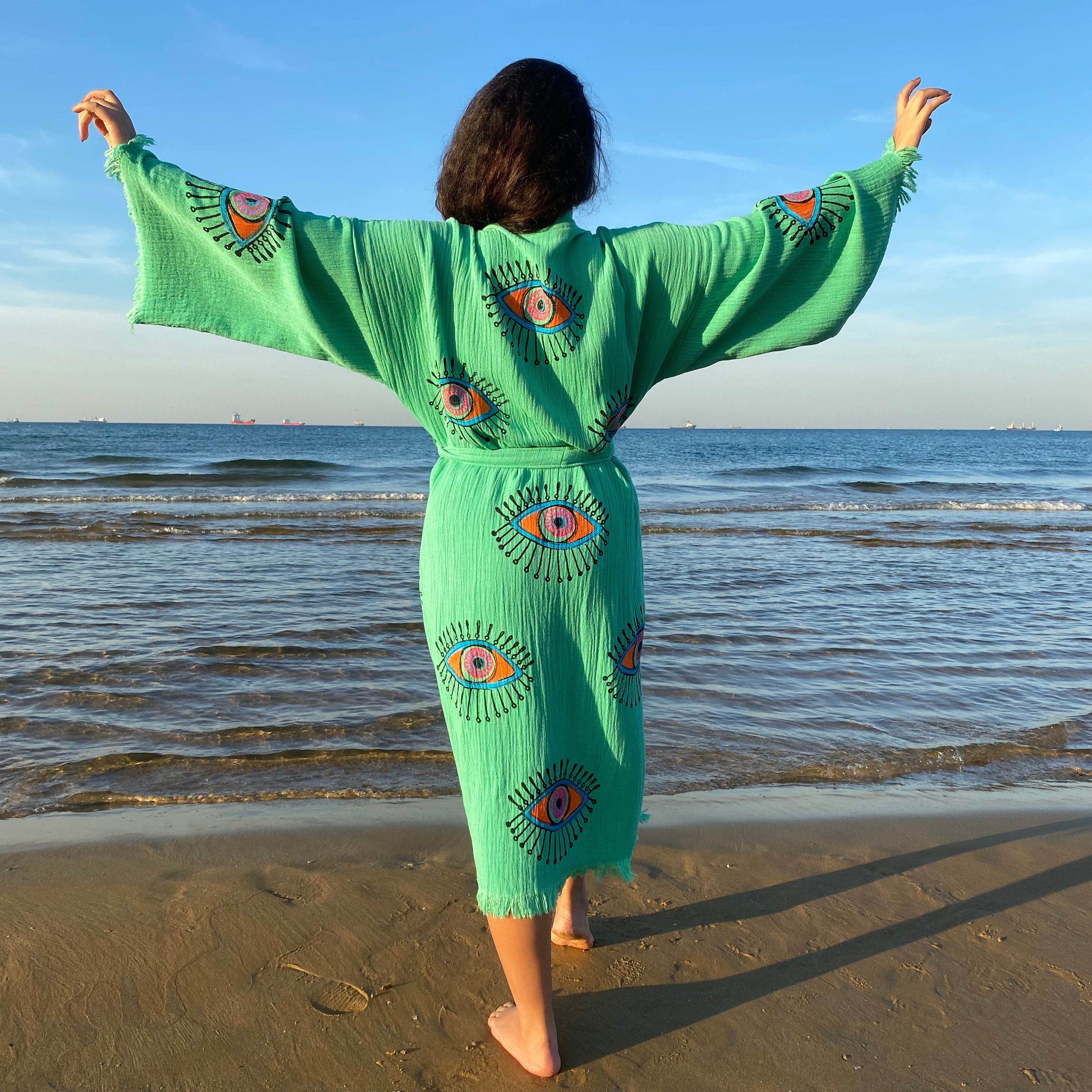 Mint Green Evil Eye Kimono Robe, Cotton Handmade Evil Eye Festival ...