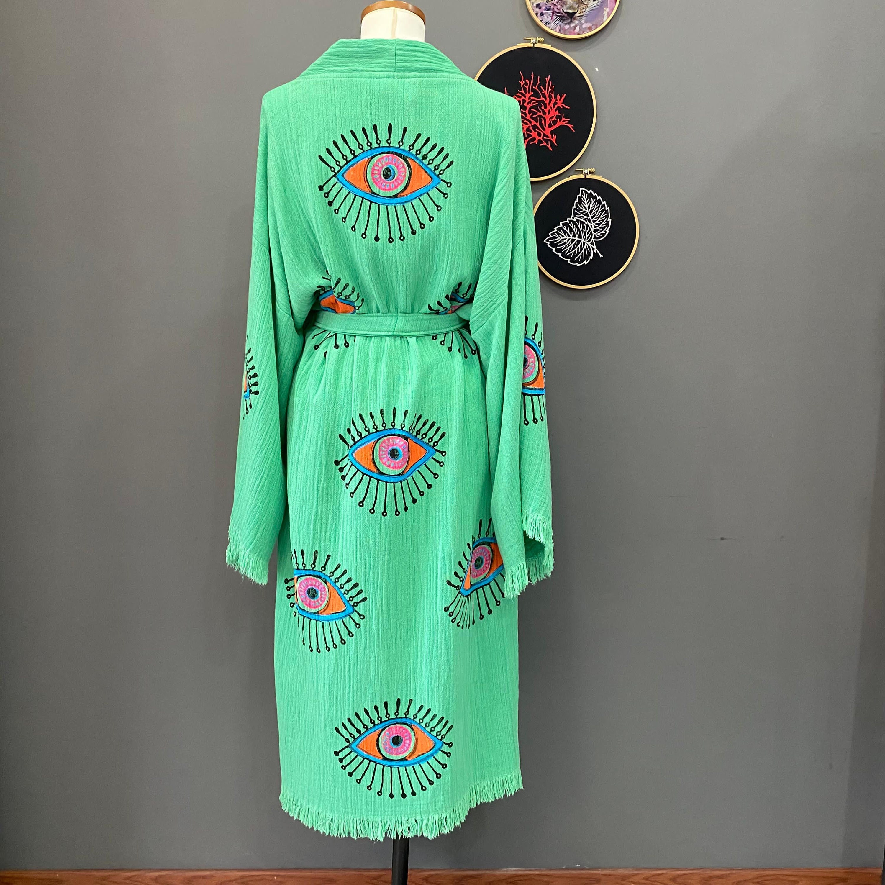 Mint Green Evil Eye Kimono Robe, Cotton Handmade Evil Eye Festival ...