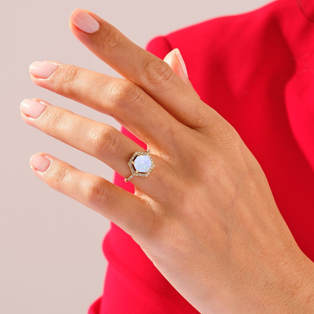 Halo Hexagon Opal Engagement Ring With Pave Set Moissanite Sidestones / Gemstone Ring for Her ...